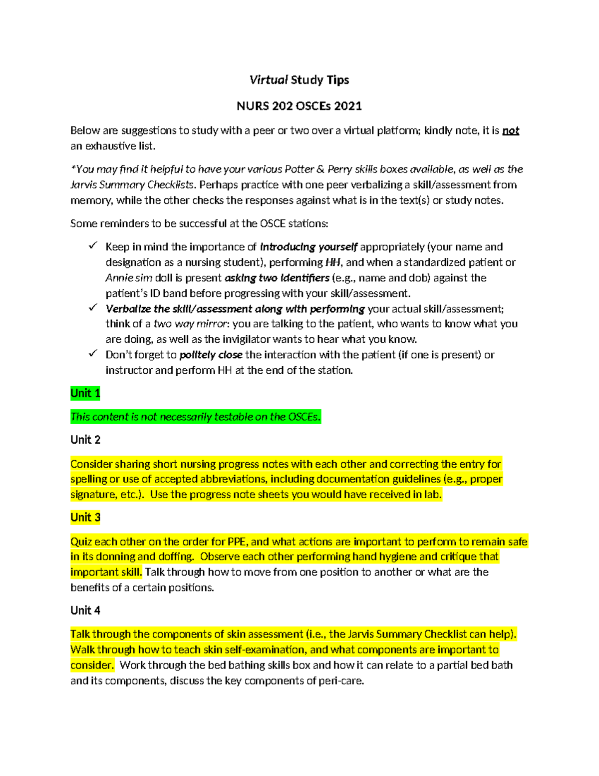 NURS 202 OSCE Virtual Study Tips - Virtual Study Tips NURS 202 OSCEs 2021 Below are suggestions ...