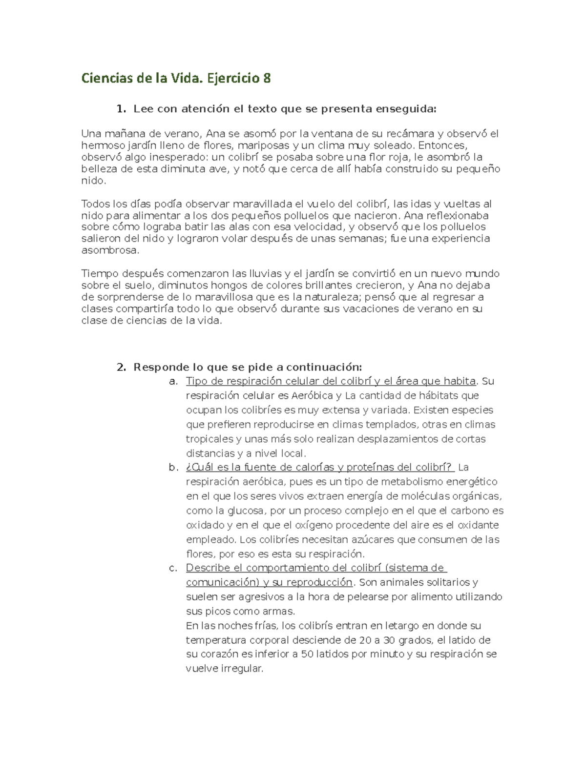 [Ciencias De La Vida] - Ejercicio 8 (opción 2) - Ciencias de la Vida. Ejercicio 8 1. Lee con ...