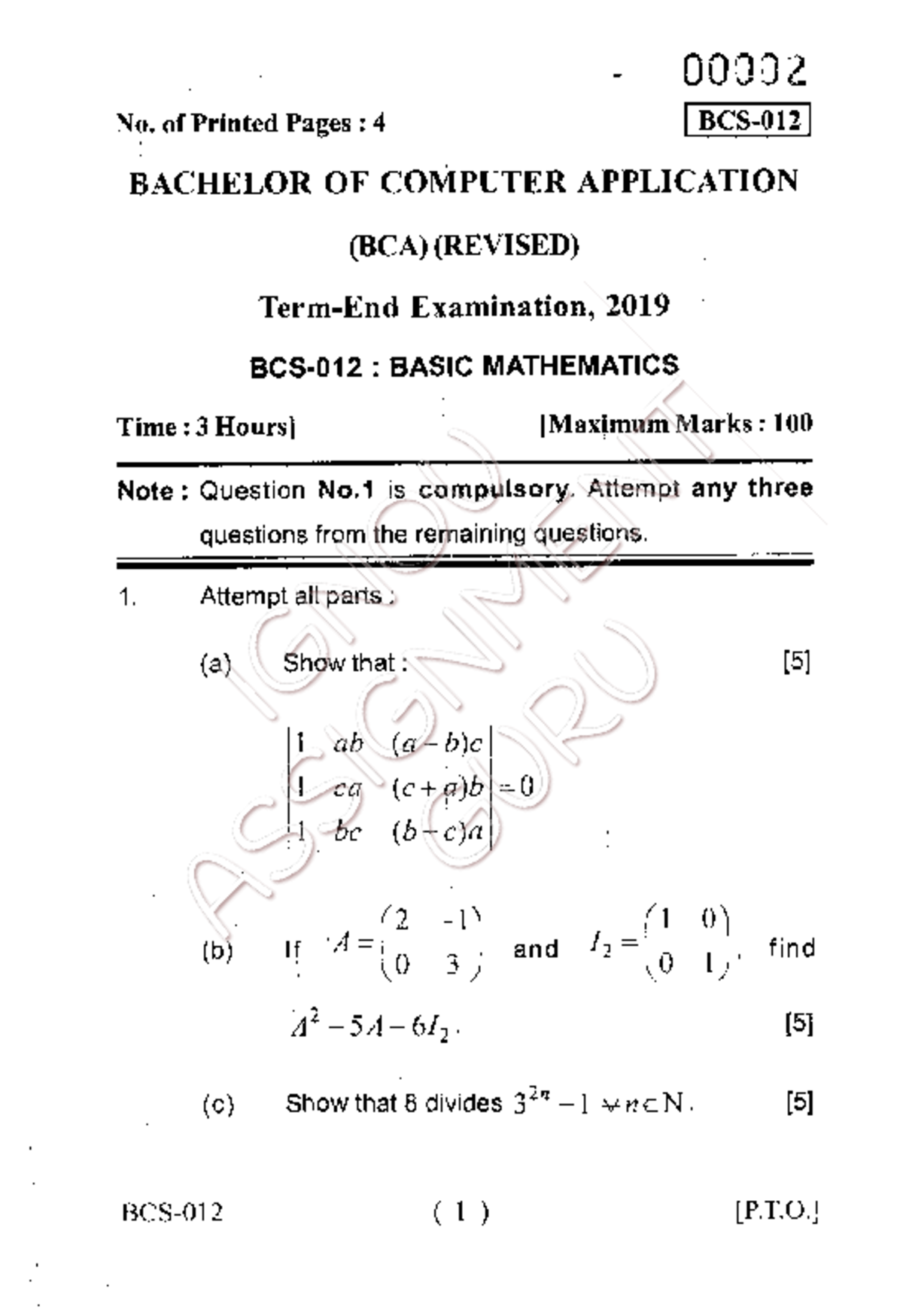 BCS-012 - 2 -1` (b) If 'A = \ ) and 1 2 = 3 —5A+61 2. (c) Show that 8 divides 3 2 ' 1 -1 1, 74 n ...