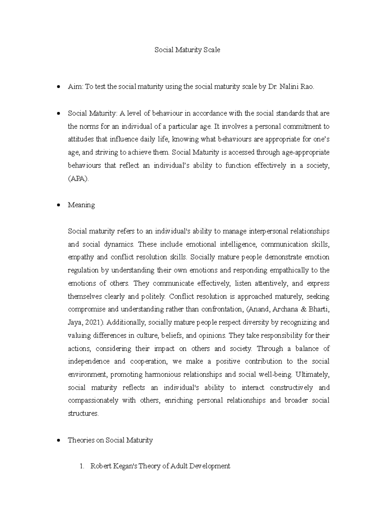 Social maturity scale - Nalini Rao. Social Maturity: A level of ...