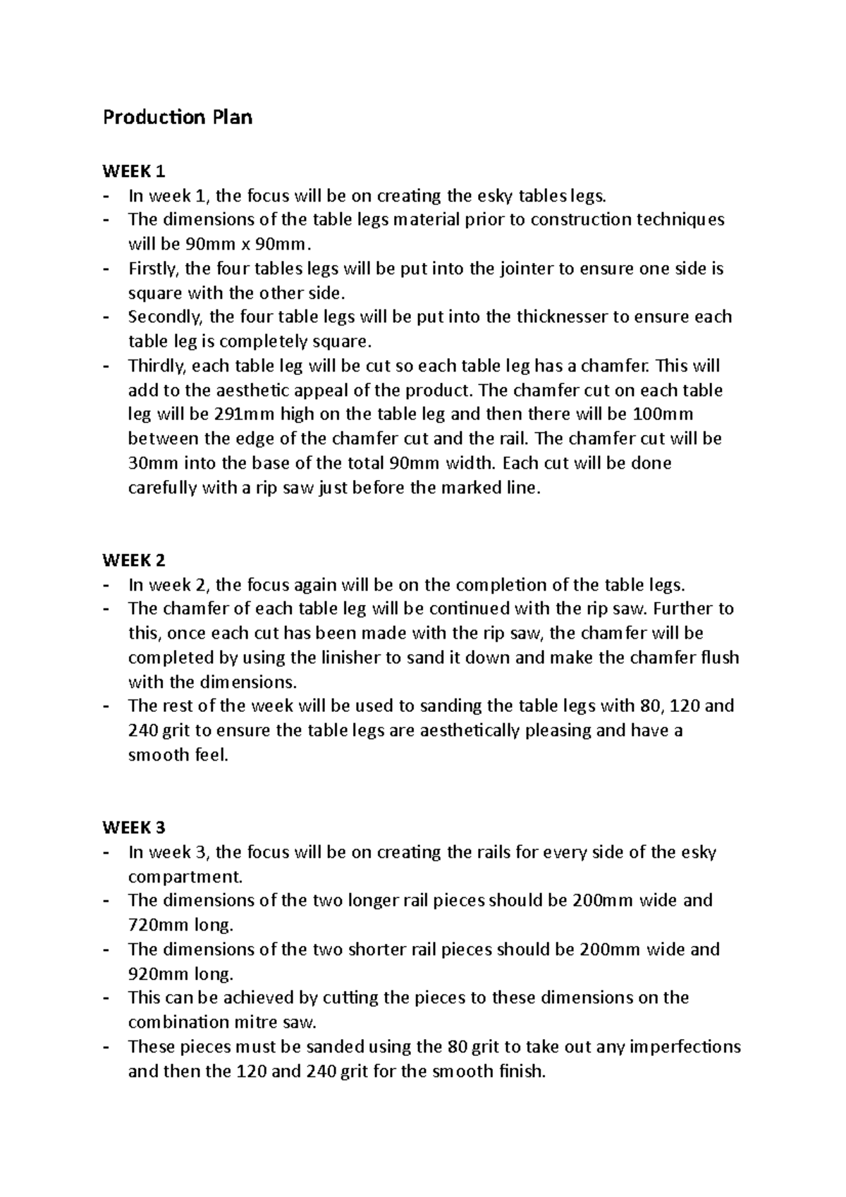 Production Plan - materials - Production Plan WEEK 1 - In week 1, the ...