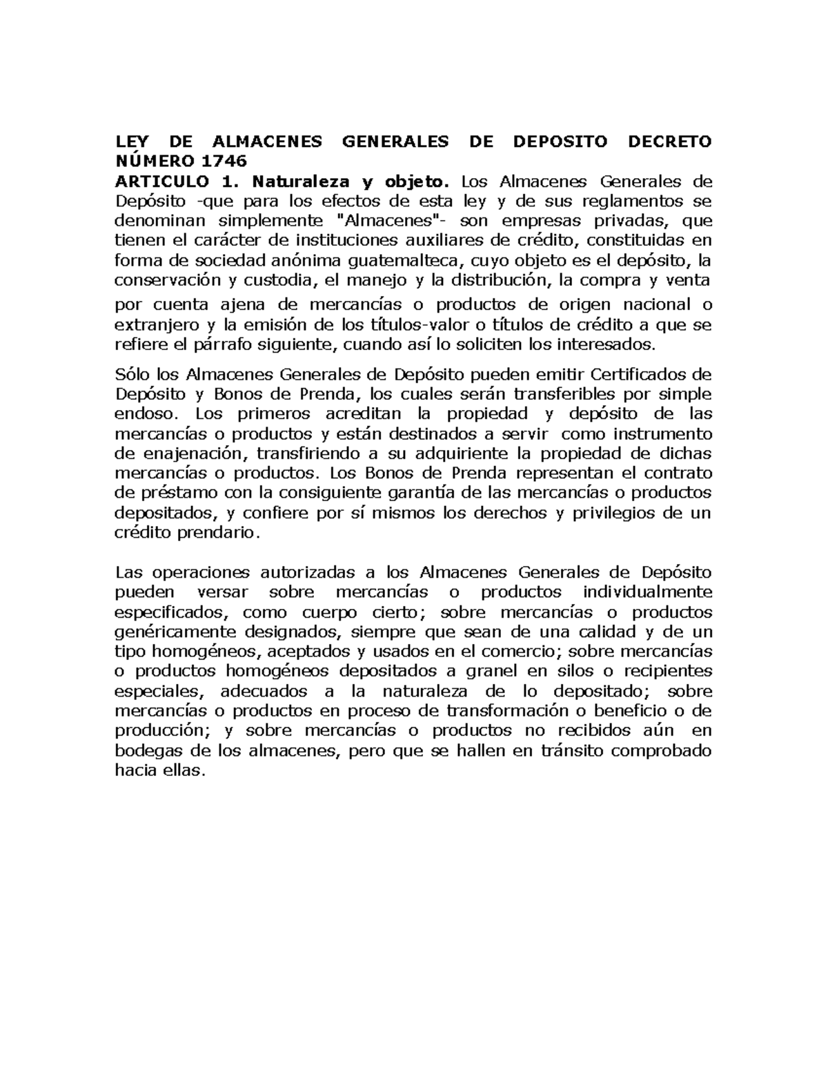 Almacenes generales - LEY DE ALMACENES GENERALES DE DEPOSITO DECRETO ...