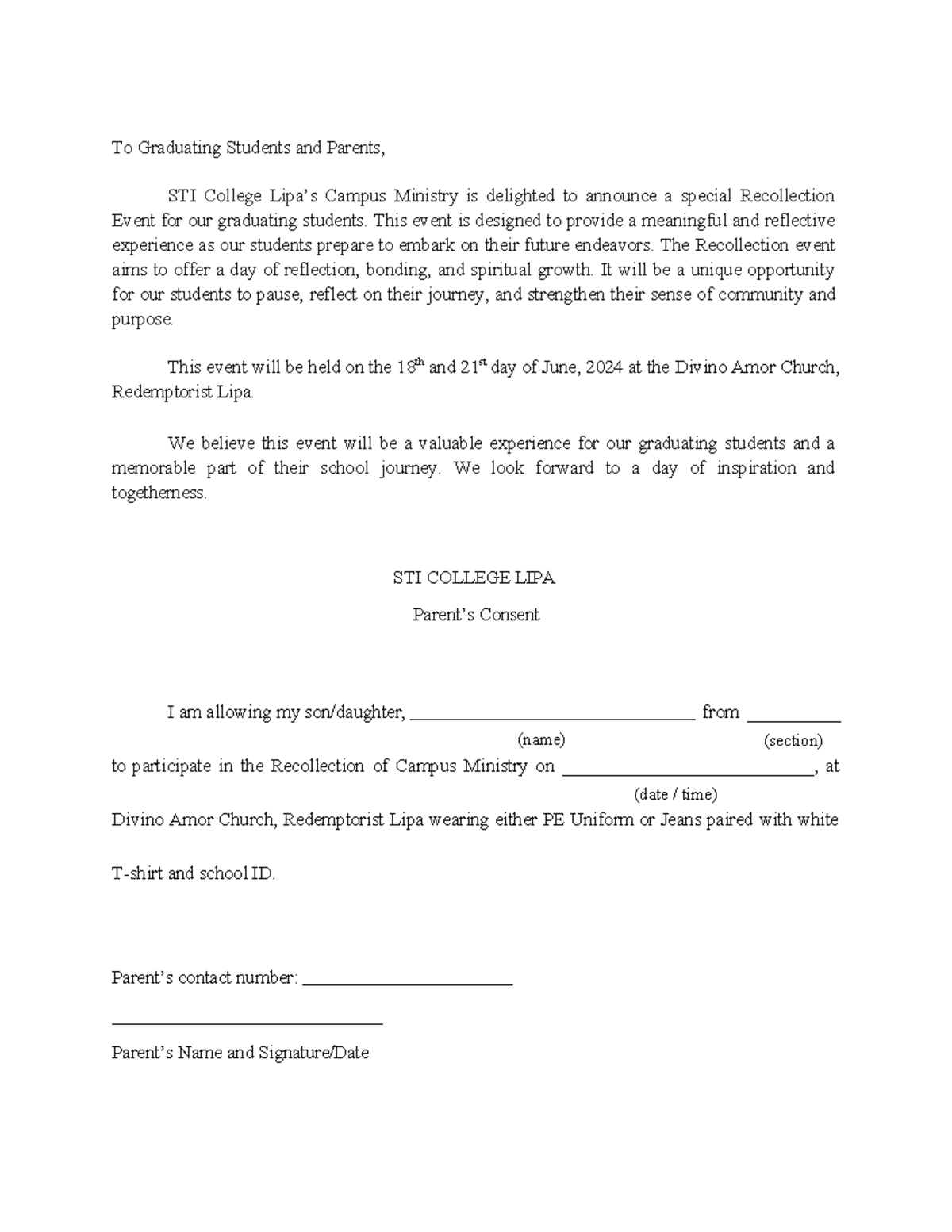 Recollection- Waiver - N/A - To Graduating Students and Parents, STI ...