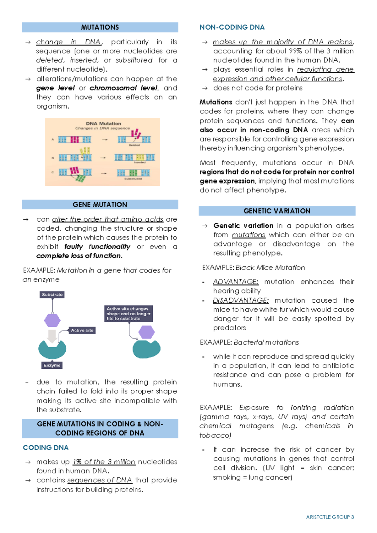BIO- Reviewer-Q4 - Summary - MUTATIONS → change in DNA, particularly in ...