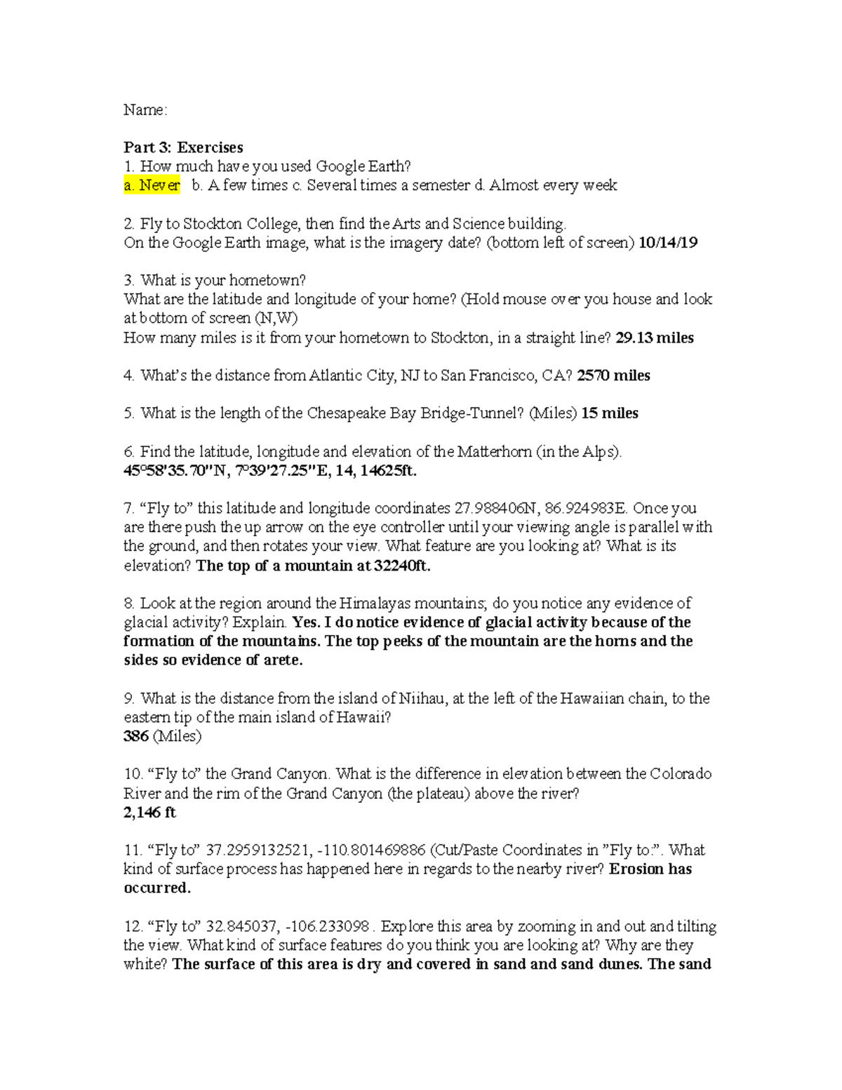 Distance and Location Mapping - Name: Part 3: Exercises How much have ...