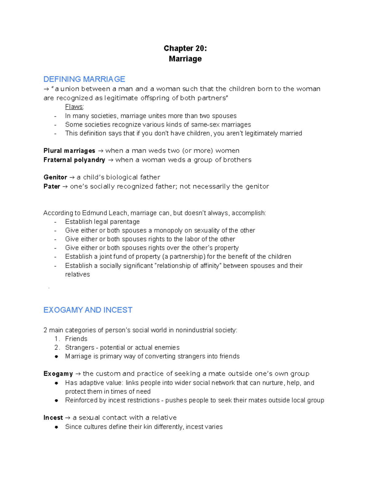 Chapter 20 - Anthropology 1006 - Chapter 20: Marriage DEFINING MARRIAGE ...