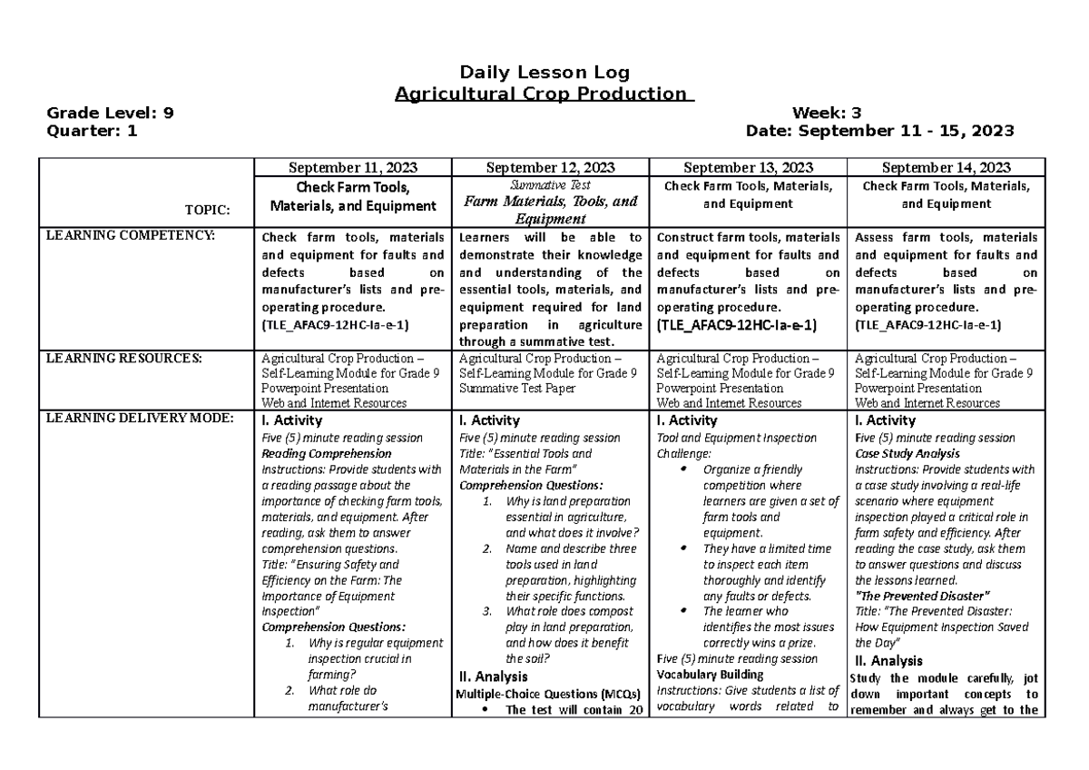 DLL AGRI CROP 9 Wk-3 - ZXXCVB - Daily Lesson Log Agricultural Crop ...