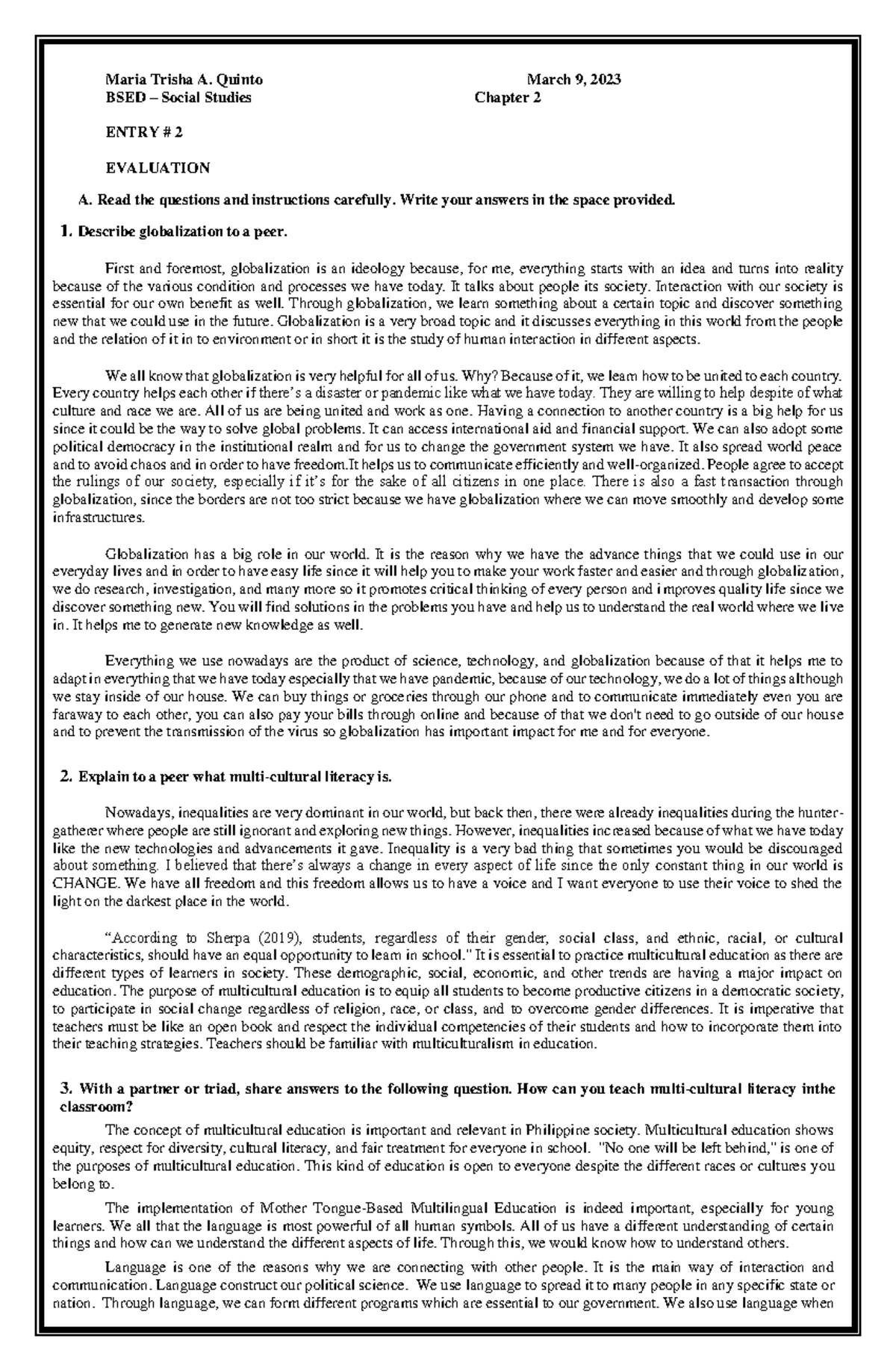 Chapter 2 (Evaluation 2) - Maria Trisha A. Quinto March 9, 2023 BSED ...