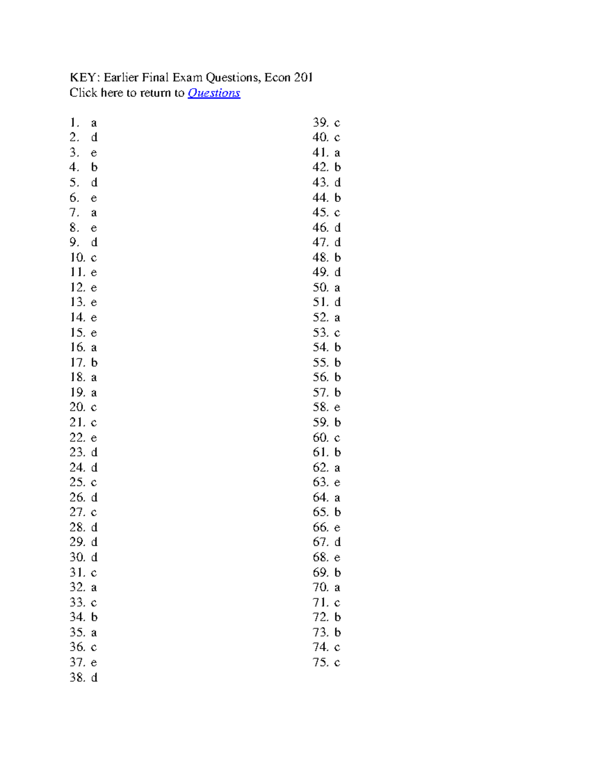 Sample Final Exam Key - Answer to multiple choice questions. - KEY ...