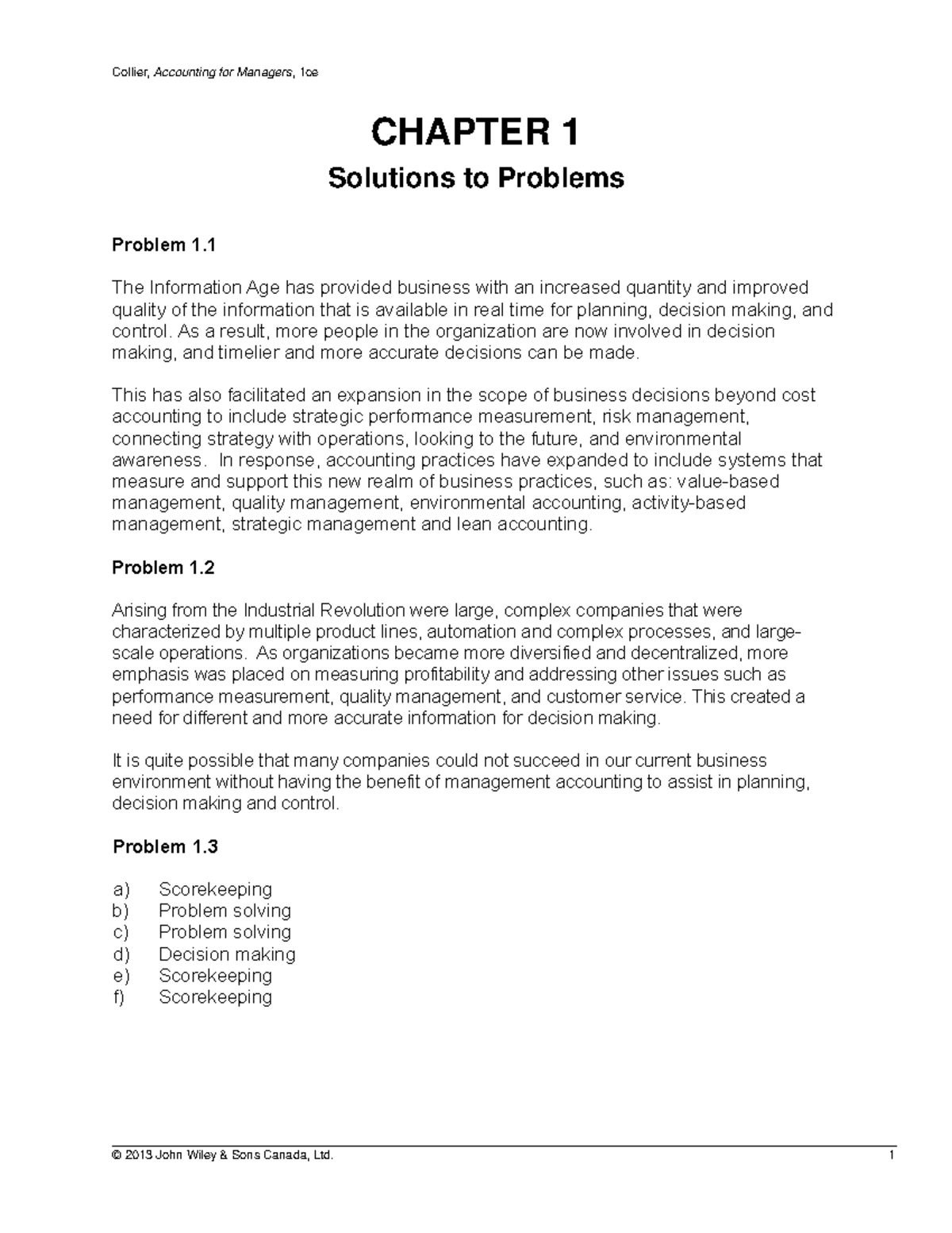 Collier 1ce Solutions Ch01 - Collier, Accounting for Managers, 1ce CHAPTER 1 Solutions to ...