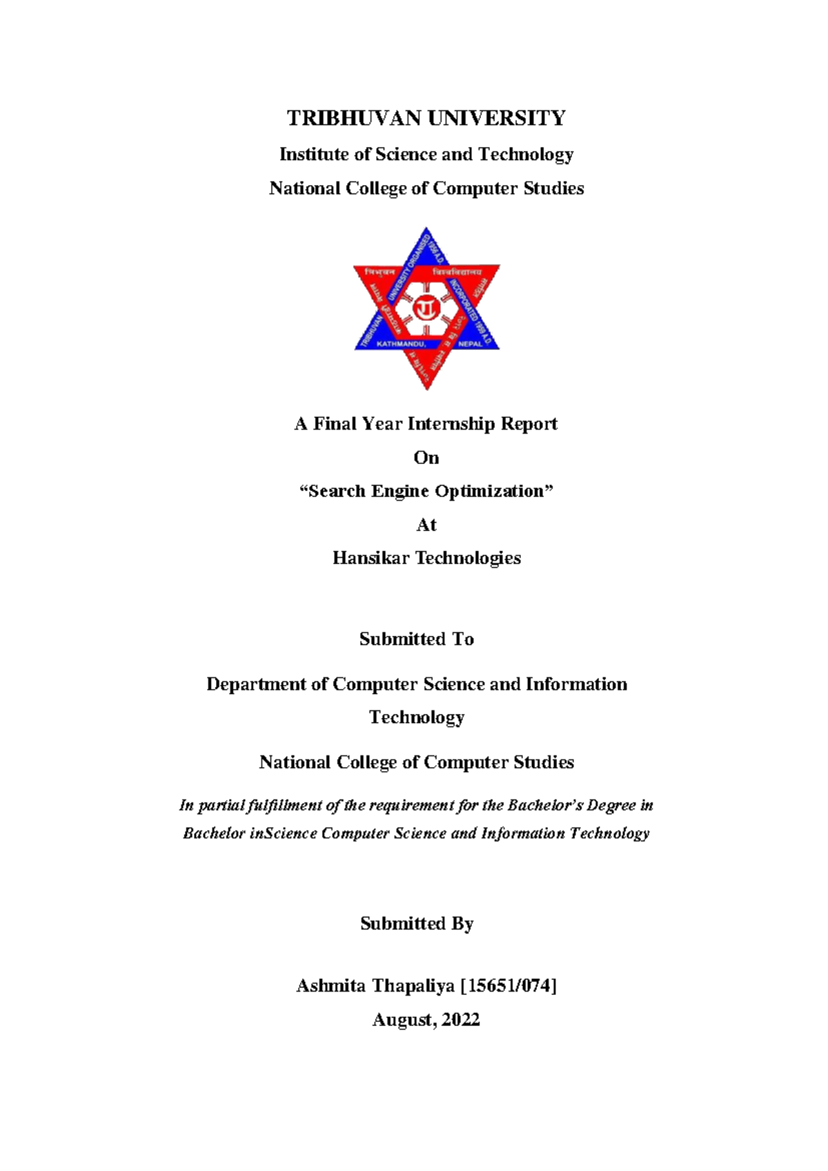 Final-report-Internship - TRIBHUVAN UNIVERSITY Institute of Science and ...