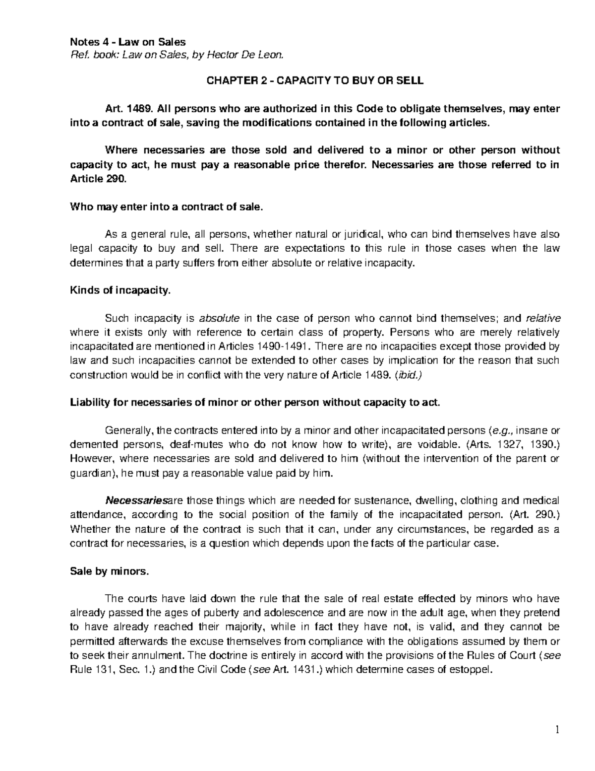 Notes 4 Law on Sales BY HECTOR DE LEON- Notes 4 - Law on Sales Ref ...