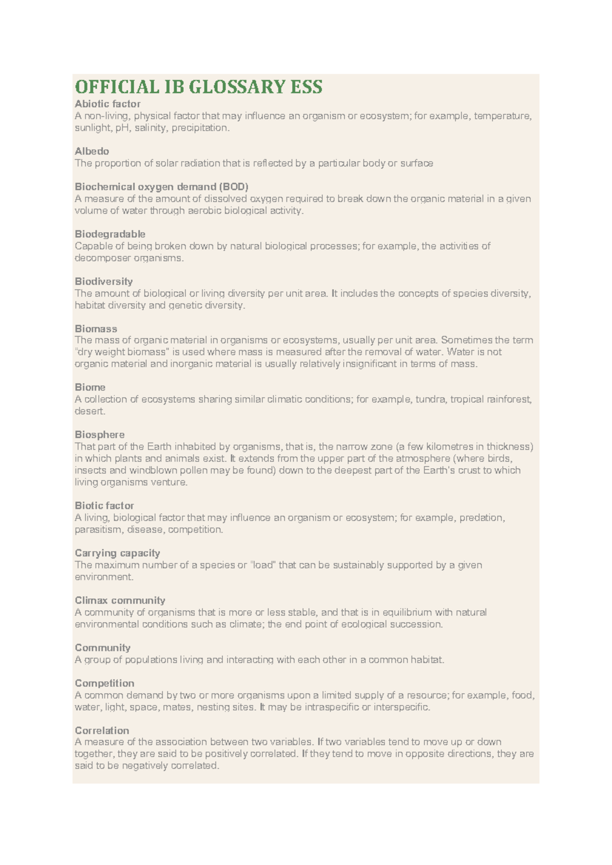 Official IB Glossary ESS - OFFICIAL IB GLOSSARY ESS Abiotic factor A ...