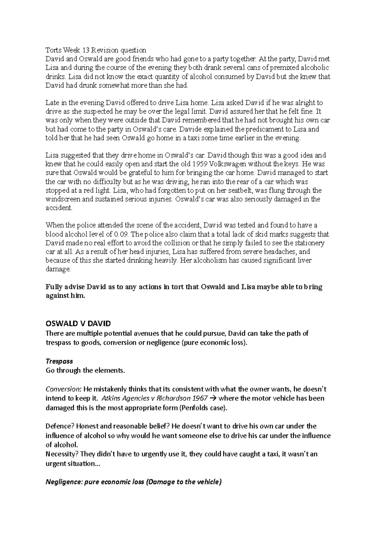 Torts-WEEK-13 - Week 13 Hypothetical practice answer - Torts Week 13 Revision question David and ...