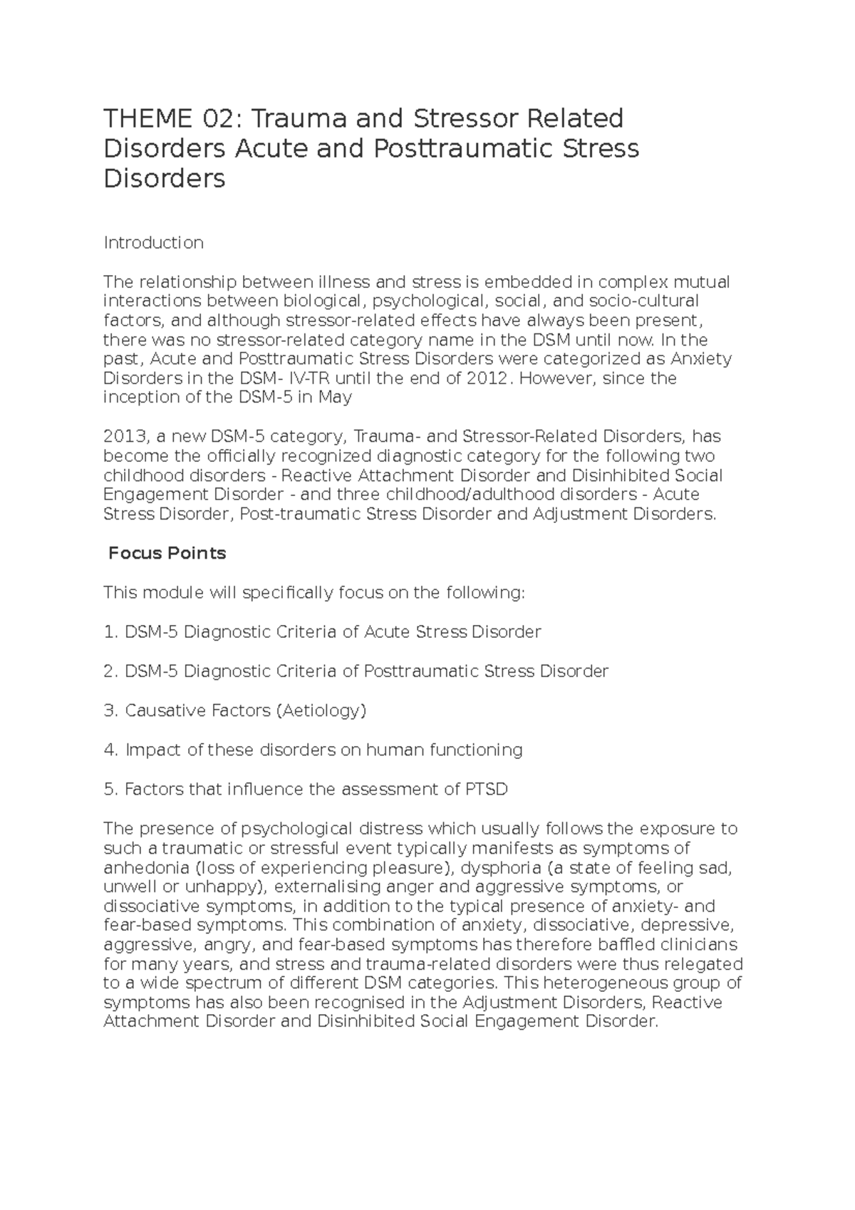 Theme 2 - THEME 02: Trauma and Stressor Related Disorders Acute and ...