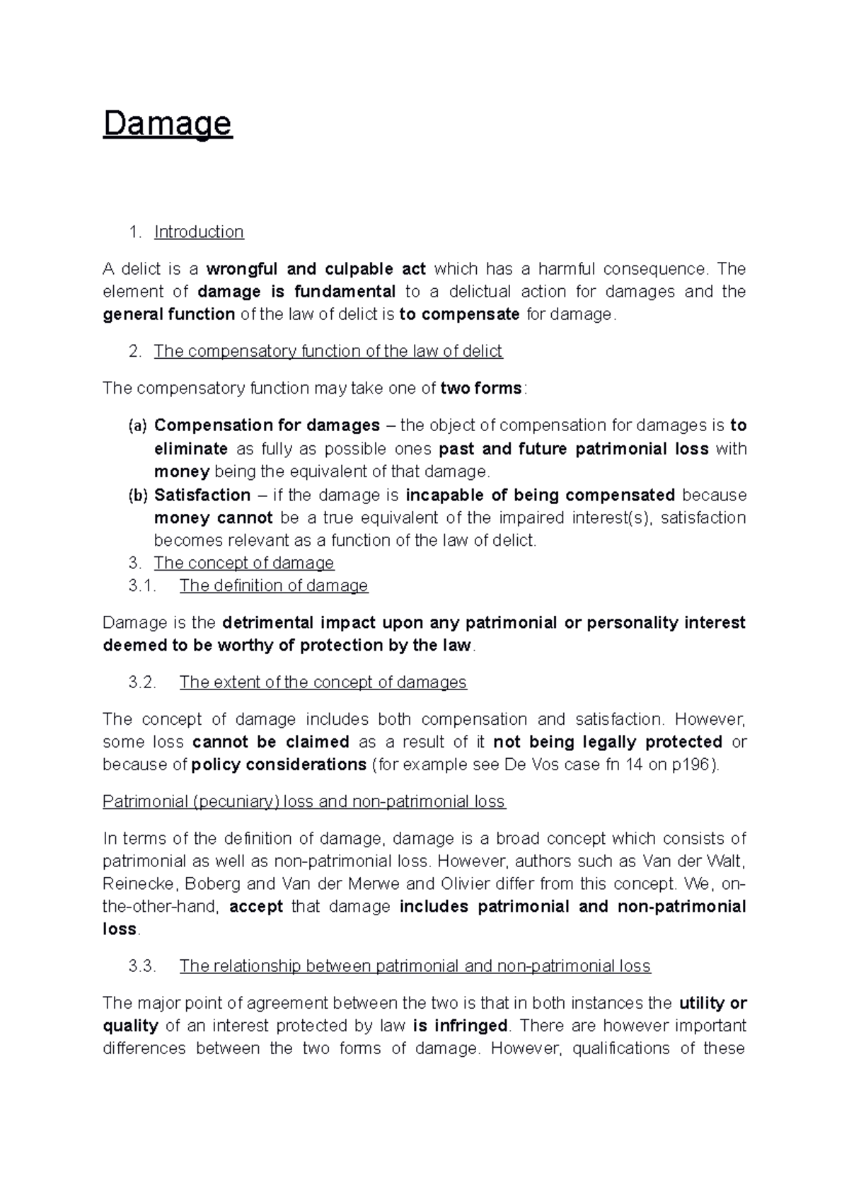 Damage - Notes - Damage Introduction A delict is a wrongful and ...
