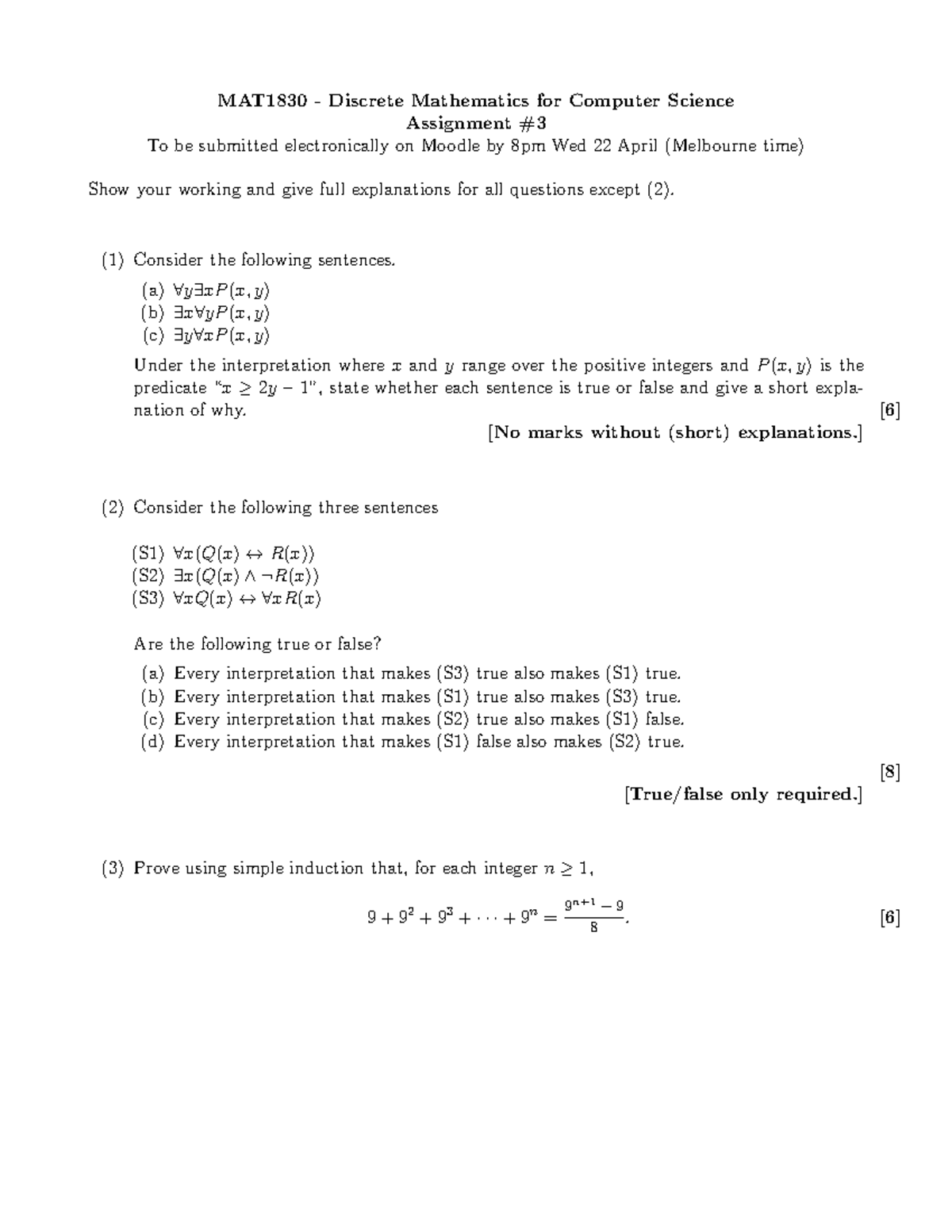 Assignment 3 - MAT1830 - Discrete Mathematics for Computer Science Assignment # To be submitted ...