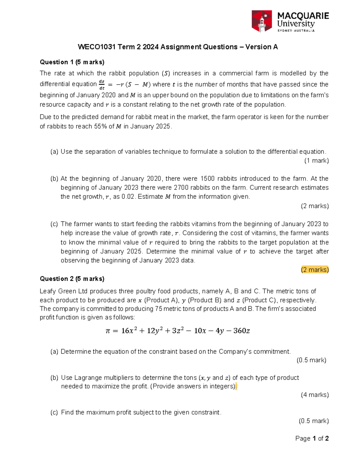 WECO1031 Assignment Questions T2 2024 v A-2 - Page 1 of 2 WECO1031 Term 2 2024 Assignment ...