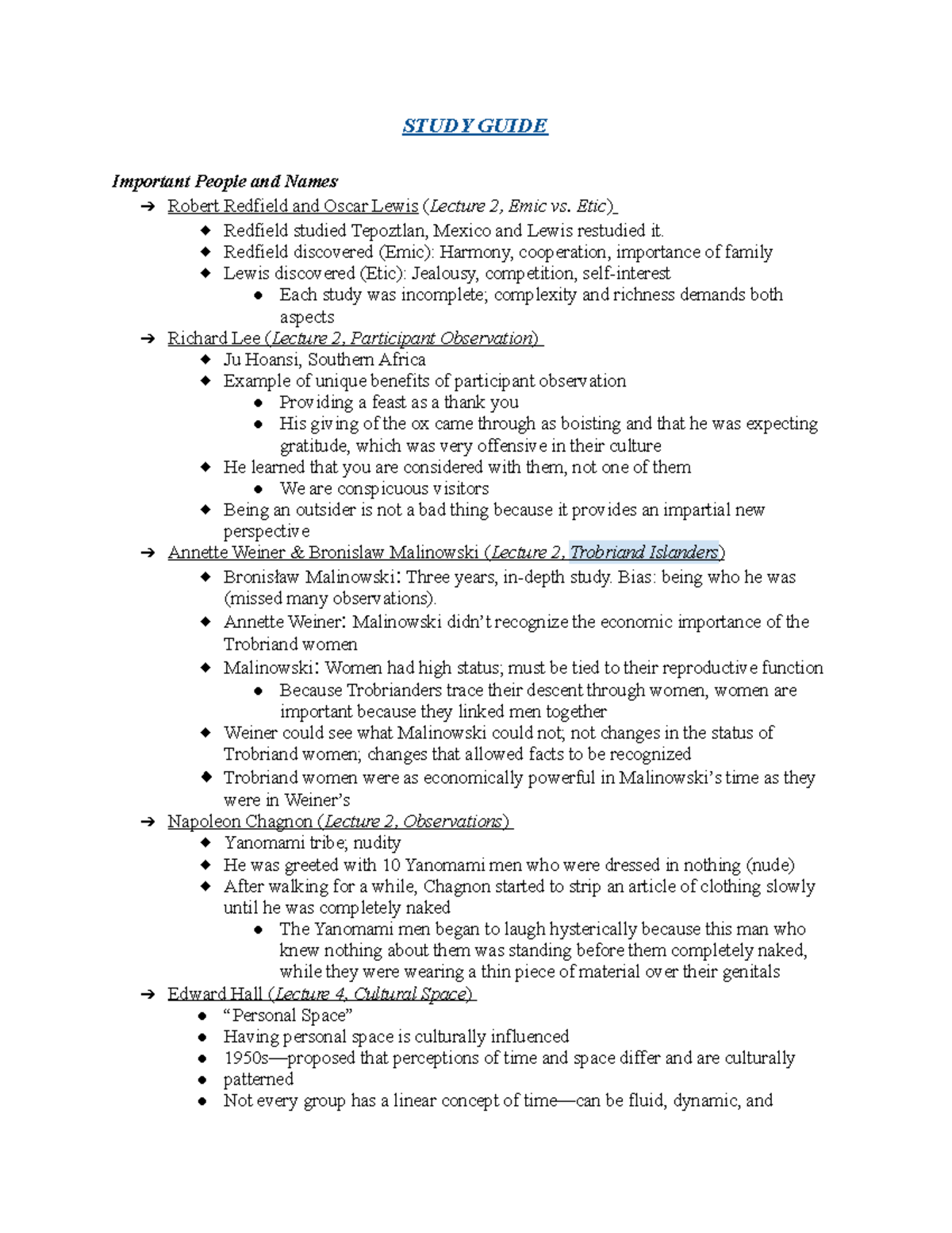 Study Guide Anthro - STUDY GUIDE Important People and Names Robert ...