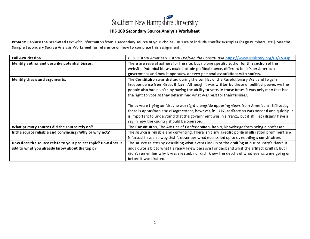 HIS 100 Secondary Source Analysis Worksheet - HIS100 - SNHU - Studocu