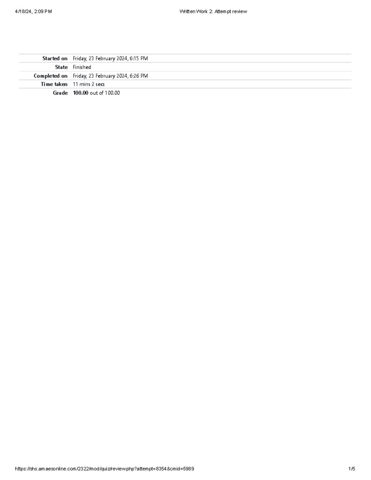 Written Work 2 Attempt review WEEK10 - Started on Friday, 23 February 2024, 6:15 PM State ...