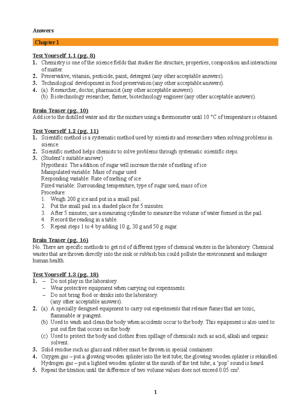 Answers Chapter 1 Chemistry 1 Answers Chapter 1 Test Yourself 1 Pg 8 Chemistry Is One Of 