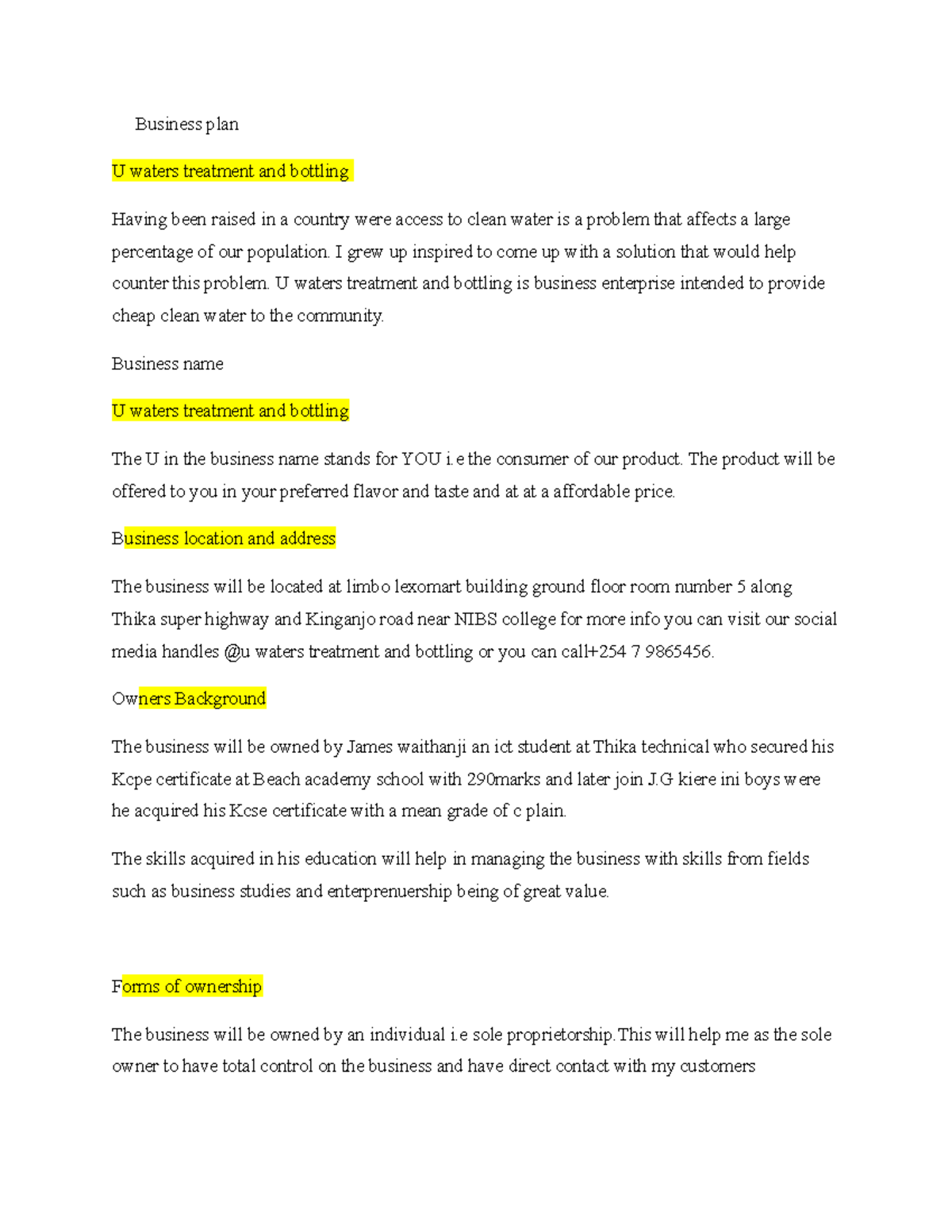 Business plan - bs plan - Business plan U waters treatment and bottling Having been raised in a ...