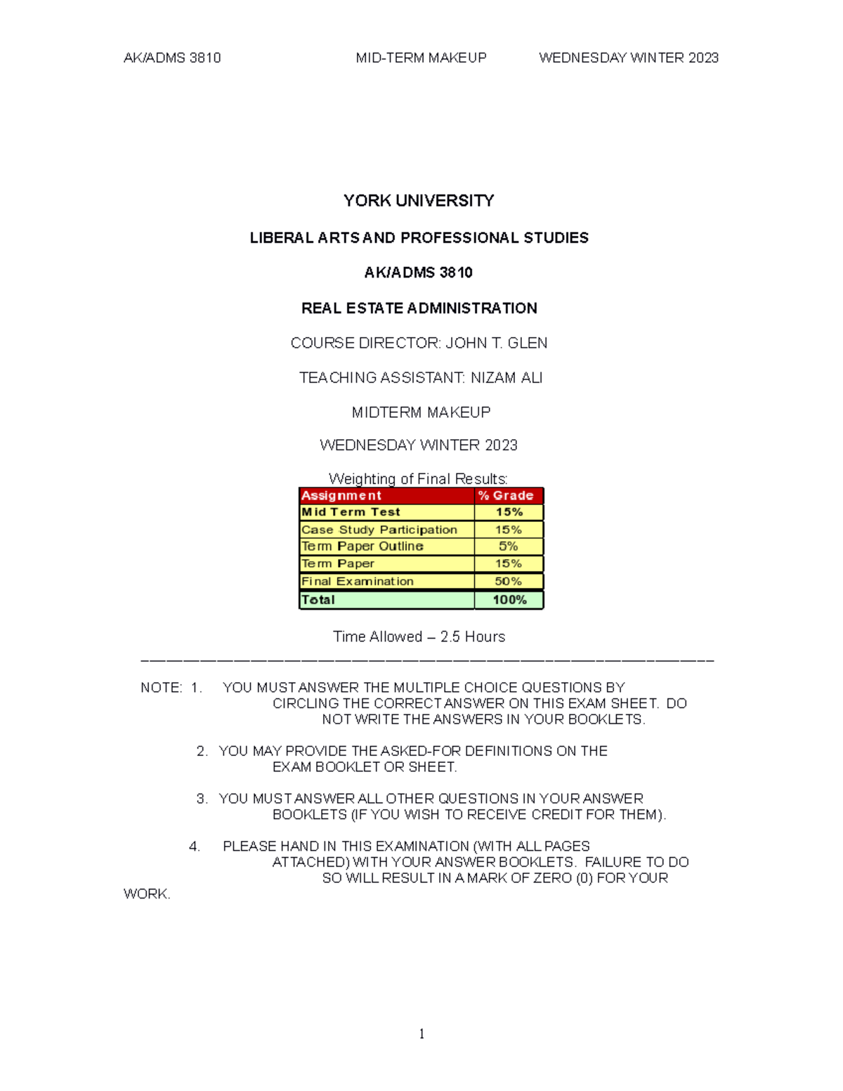 3810 FALL 2023 - answer - YORK UNIVERSITY LIBERAL ARTS AND PROFESSIONAL ...