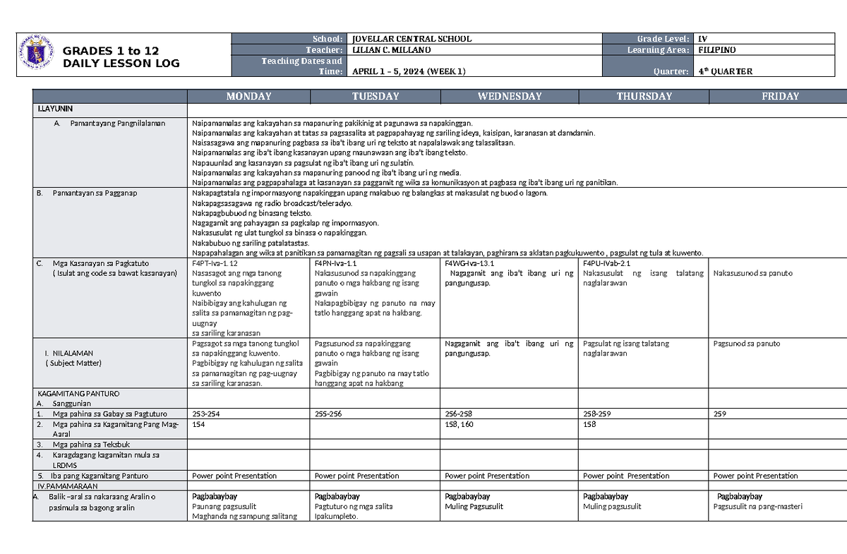 Daily lesson log Filipino 4 Q4 W1 - GRADES 1 to 12 DAILY LESSON LOG ...