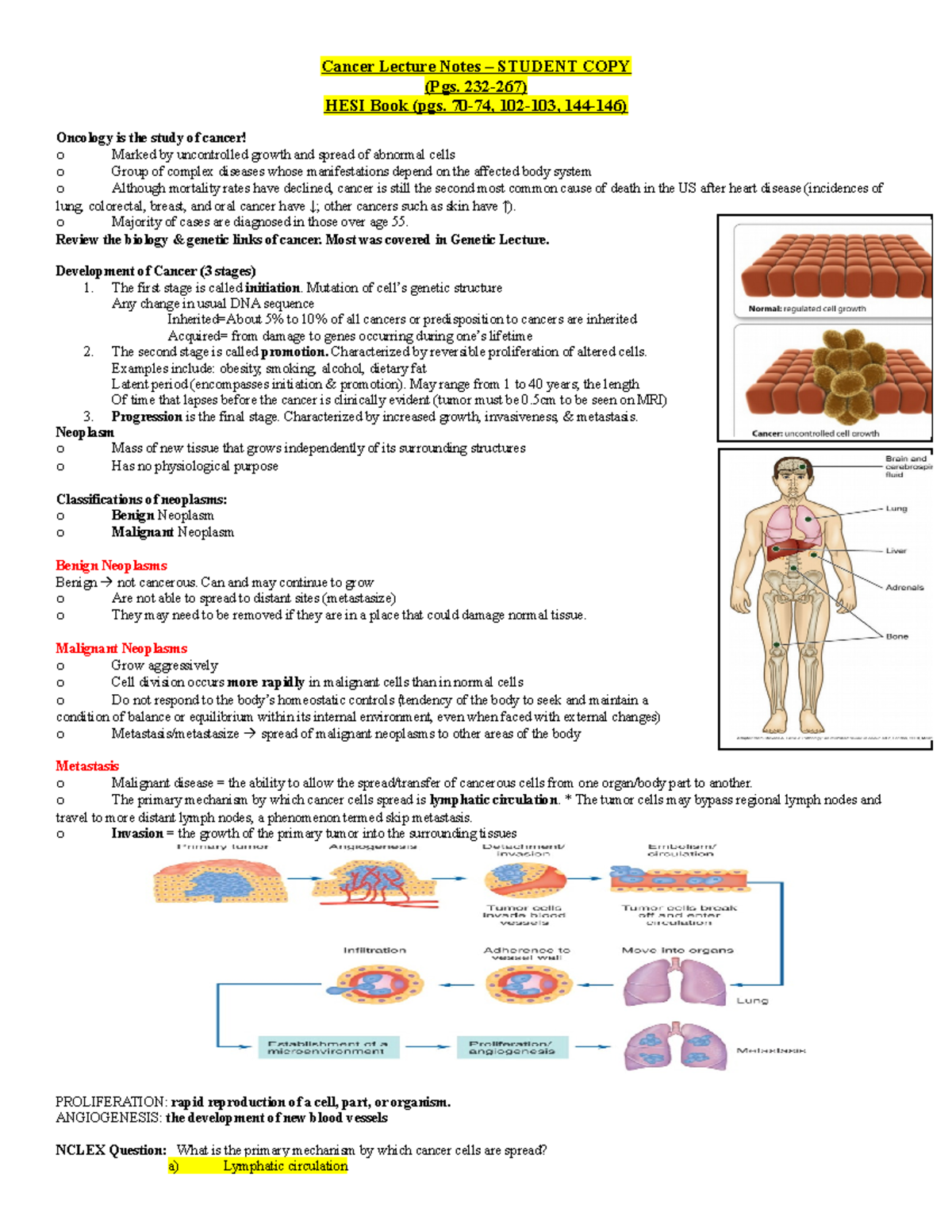 Cancer Lecture - STUDY THIS! - Cancer Lecture Notes – STUDENT COPY (Pgs ...