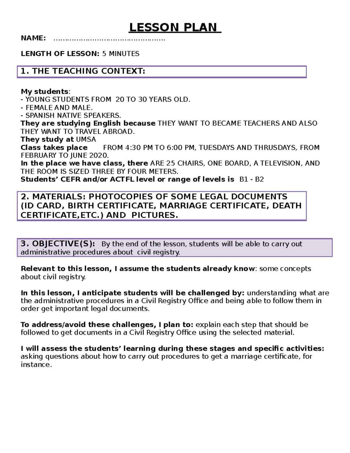 Five Minute Lesson PLAN AND ITS STRUCTURE - LESSON PLAN NAME: - Studocu