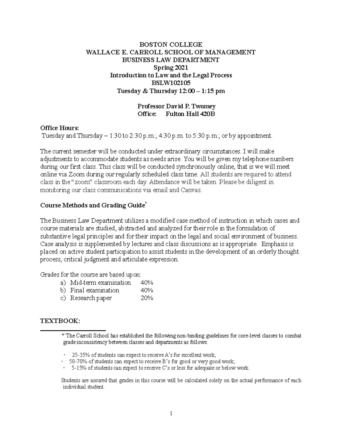 Intro to law syllabus spring 2021 - BOSTON COLLEGE WALLACE E. CARROLL ...