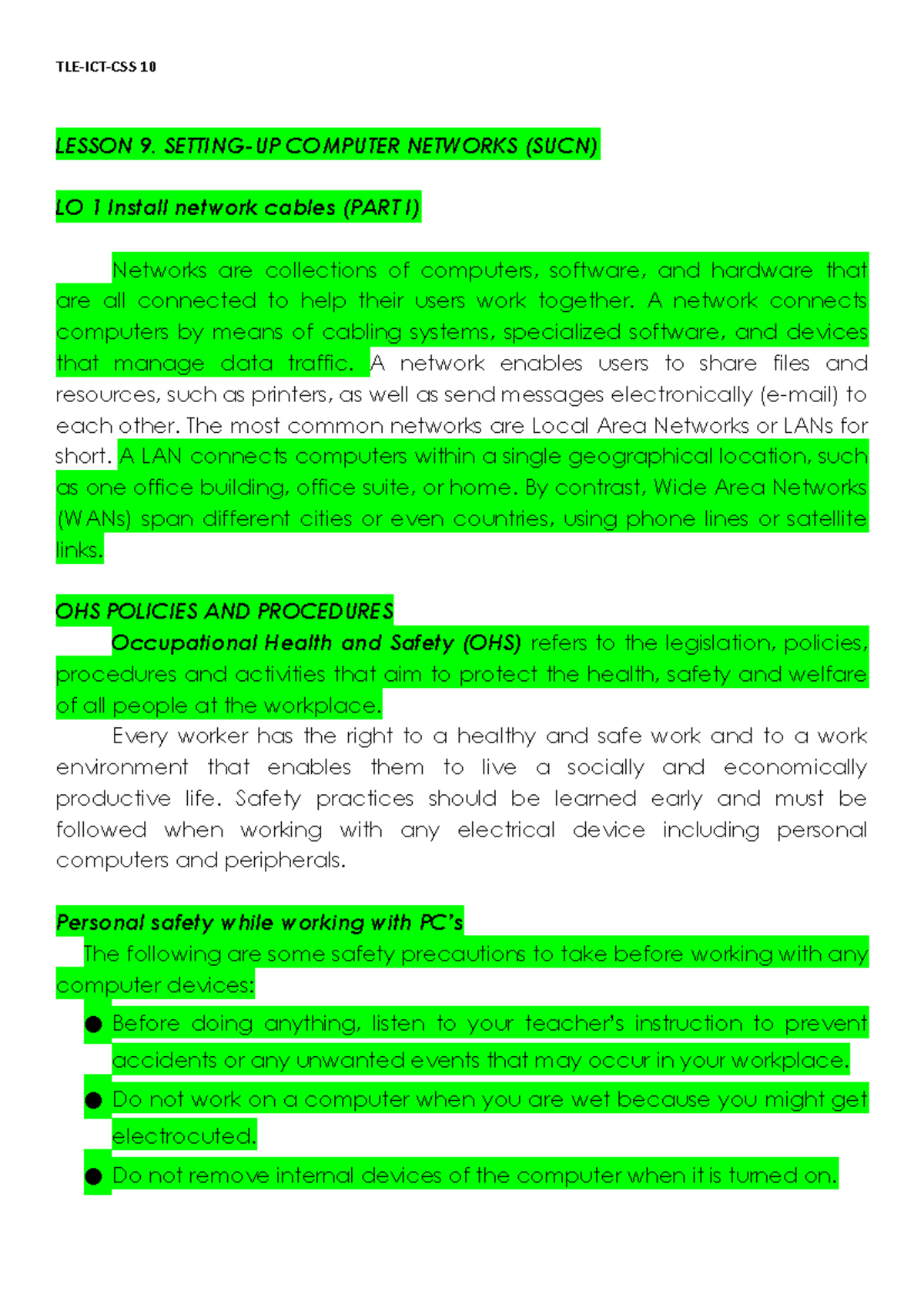 Grade 10 Week1 OHS Policies and Procedures - LESSON 9. SETTING-UP ...