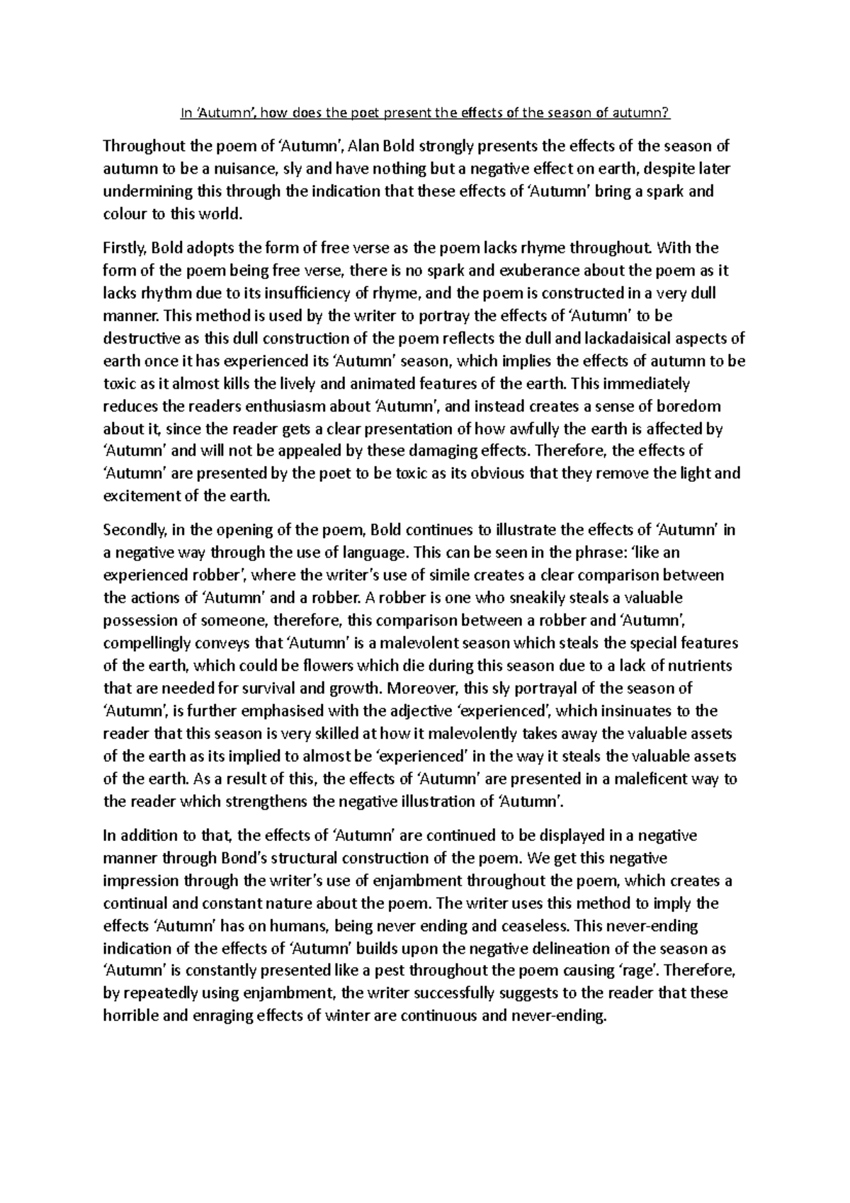 In ‘Autumn’, how does the poet present the effects of the season of ...