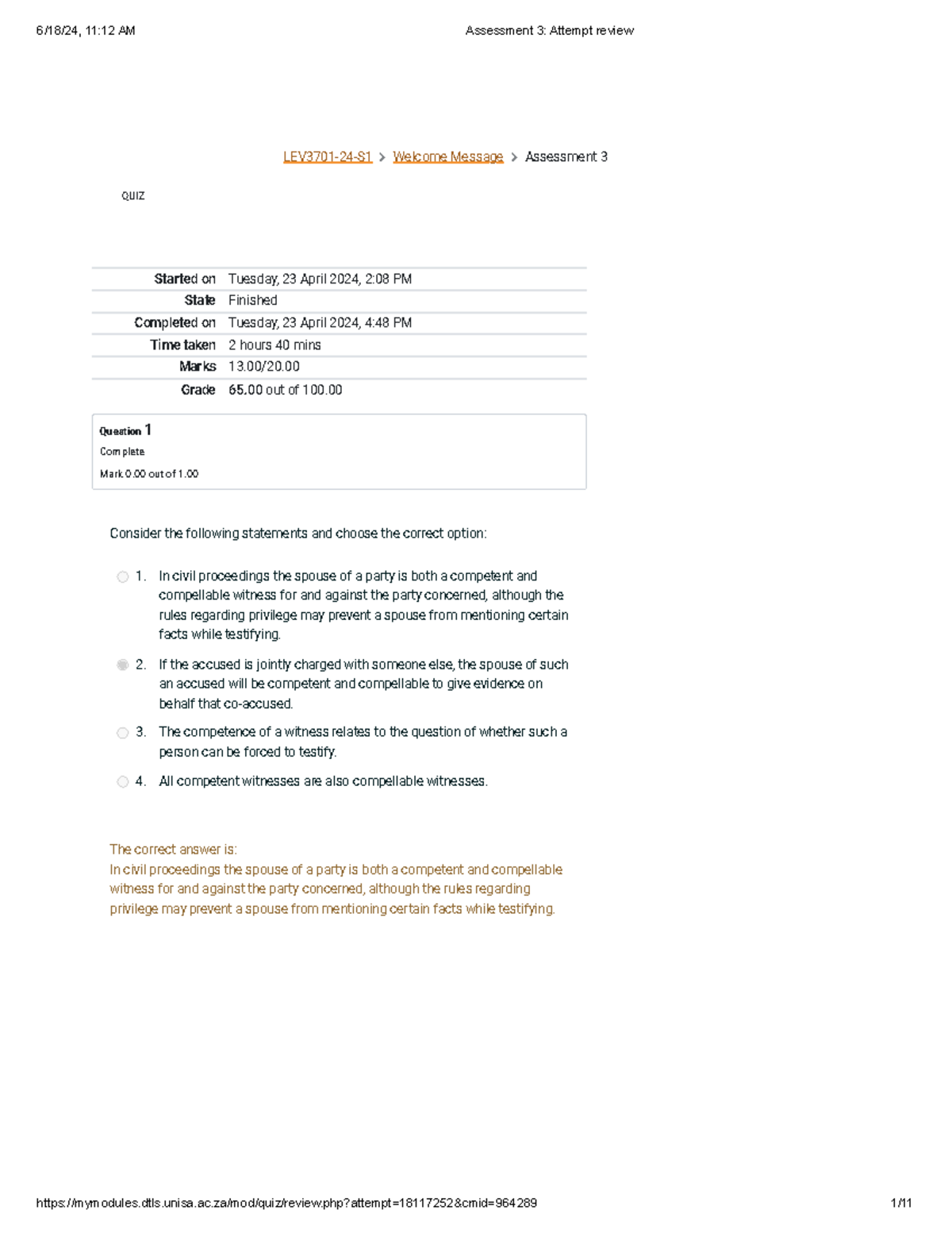 LEV3701 mcq notes - LEV3701-24-S1 Welcome Message Assessment 3 Started ...