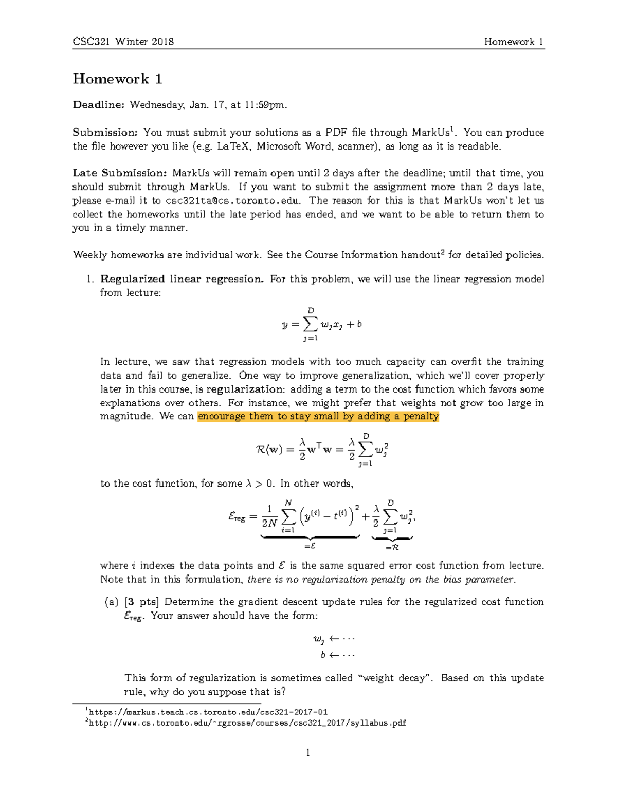 Hw1 handout - CSC321 Winter 2018 Homework 1 Homework 1 Deadline ...