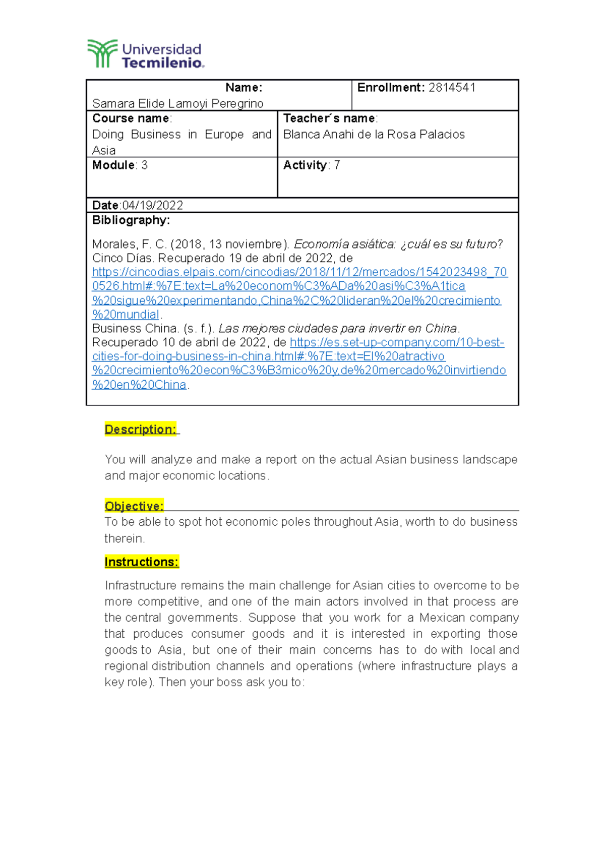 Activity 7 Doing business in Europe and Asia samara - Name: Samara ...