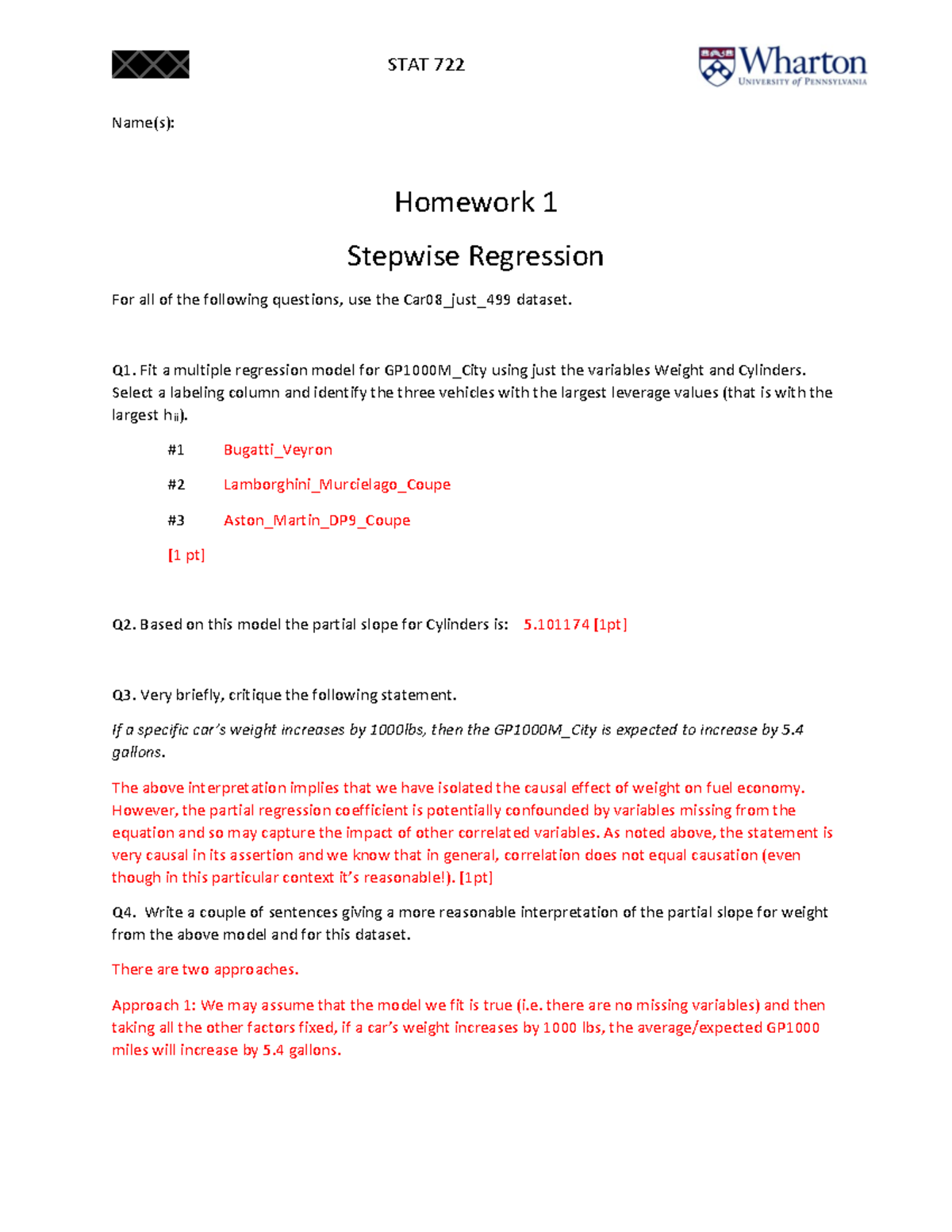Hw1 Solutions Stat 422 Hw 1 Solution Stat 722 Name S Homework 1