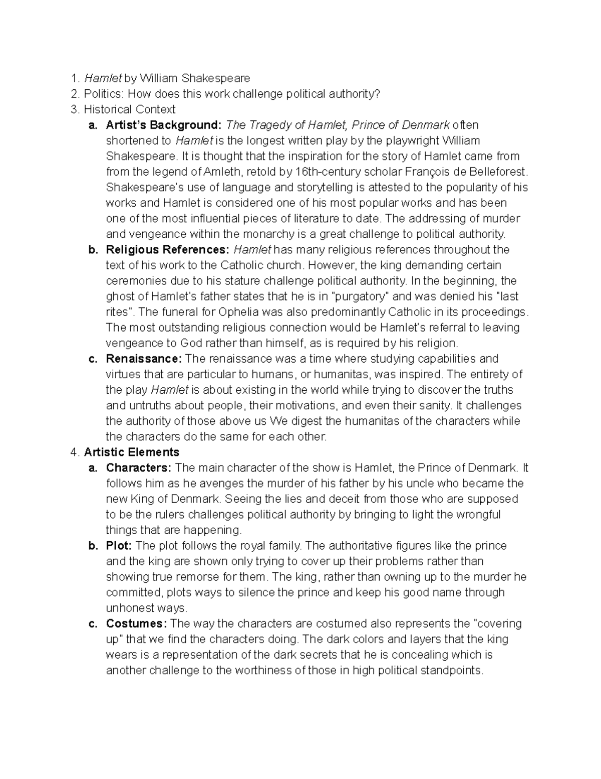 Hamlet Discussion - Hamlet by William Shakespeare Politics: How does ...