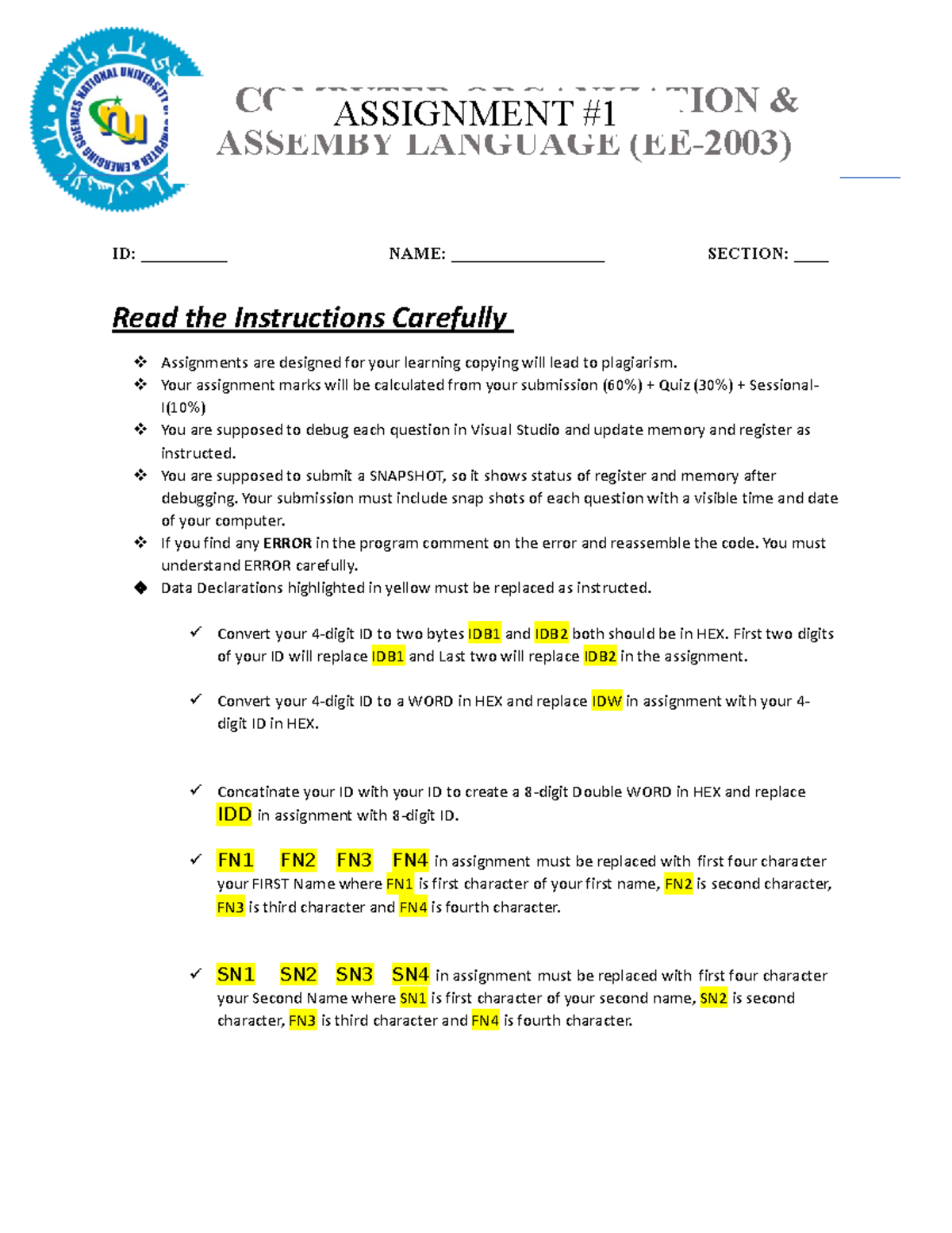 A1-v1 - COMPUTER ORGANIZATION & ASSEMBY LANGUAGE (EE-2003) ID ...