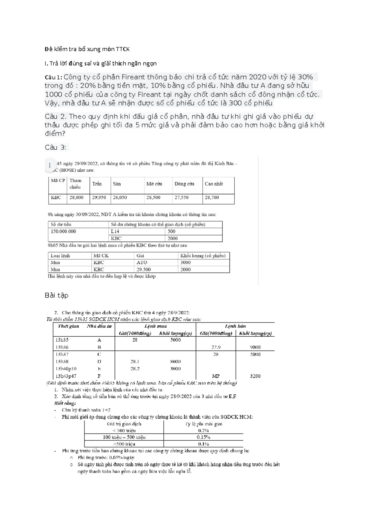 Đề kiểm tra bổ xung môn TTCK - Đềề ki m tra bể ổxung môn TTCK I. Tr ả ờl i đúng sai và gi i ...