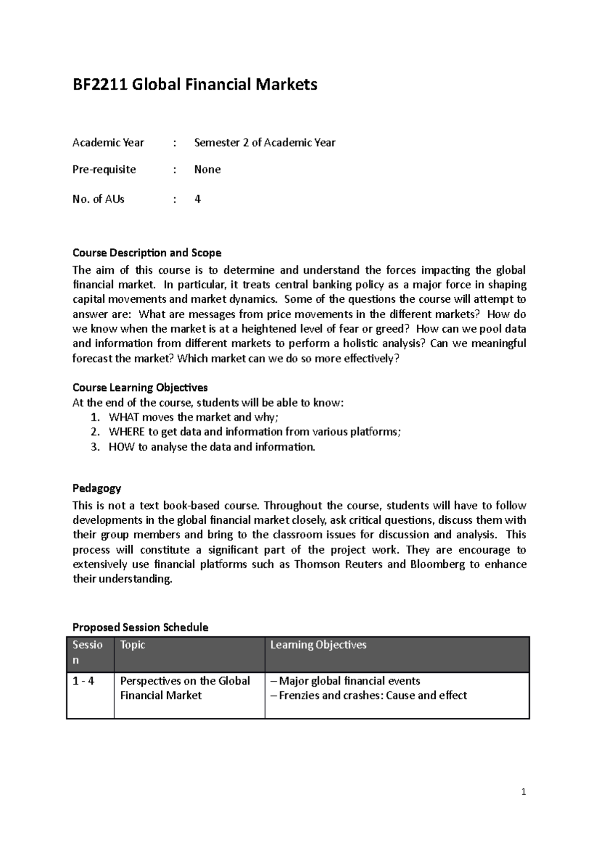 BF2211 Global Financial Markets Outline - BF2211 Global Financial ...