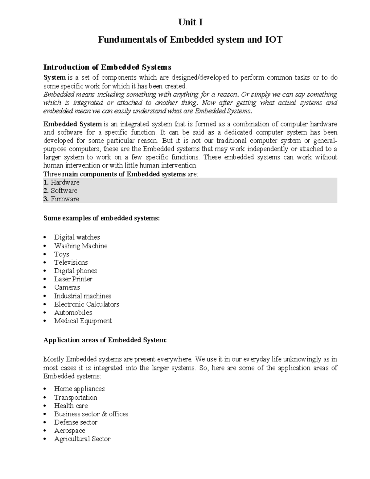 Unit 1 Introduction to Io T Notes - Unit I Fundamentals of Embedded ...