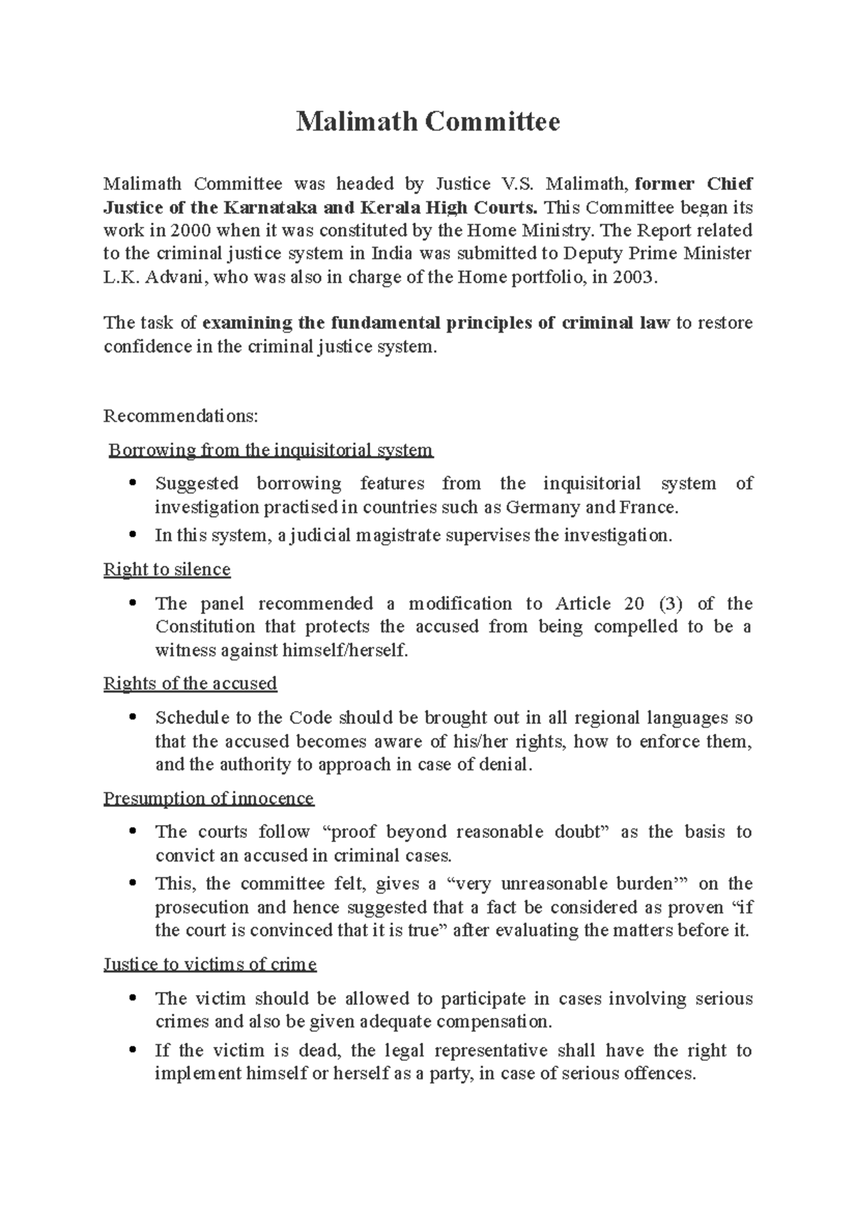 Malimath Committee report - Malimath Committee Malimath Committee was ...