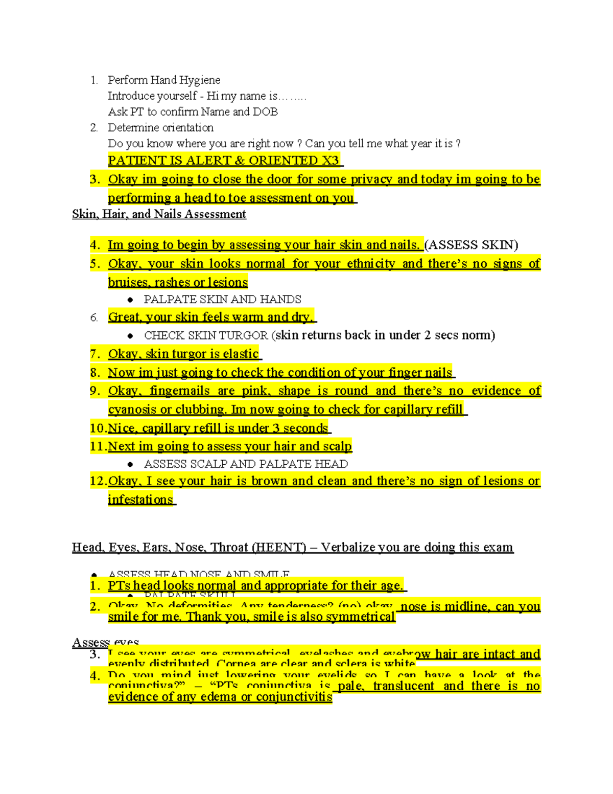 Head to Toe Assessment Script - 1. Perform Hand Hygiene Introduce ...