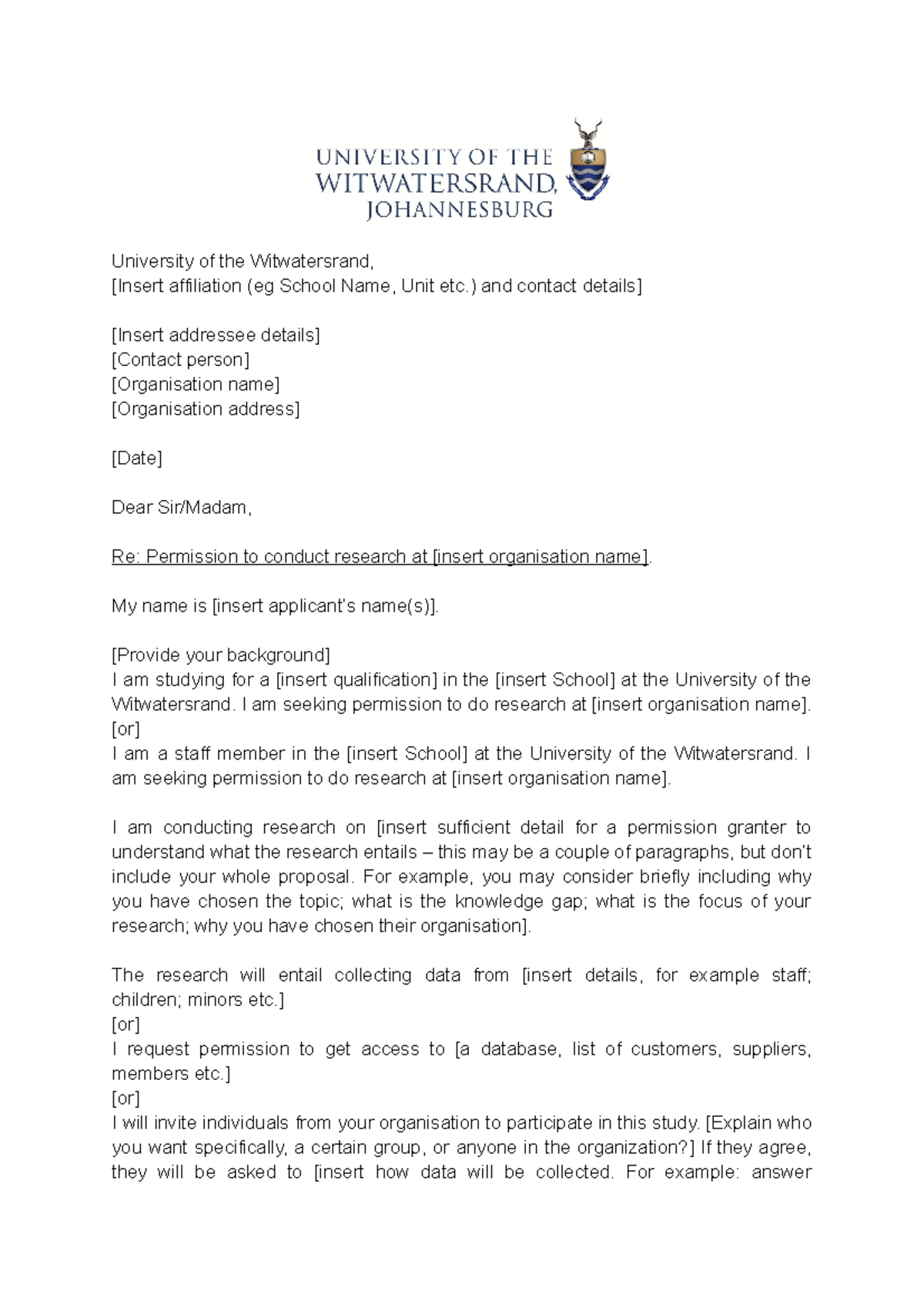 Example of letter requesting permission - University of the ...