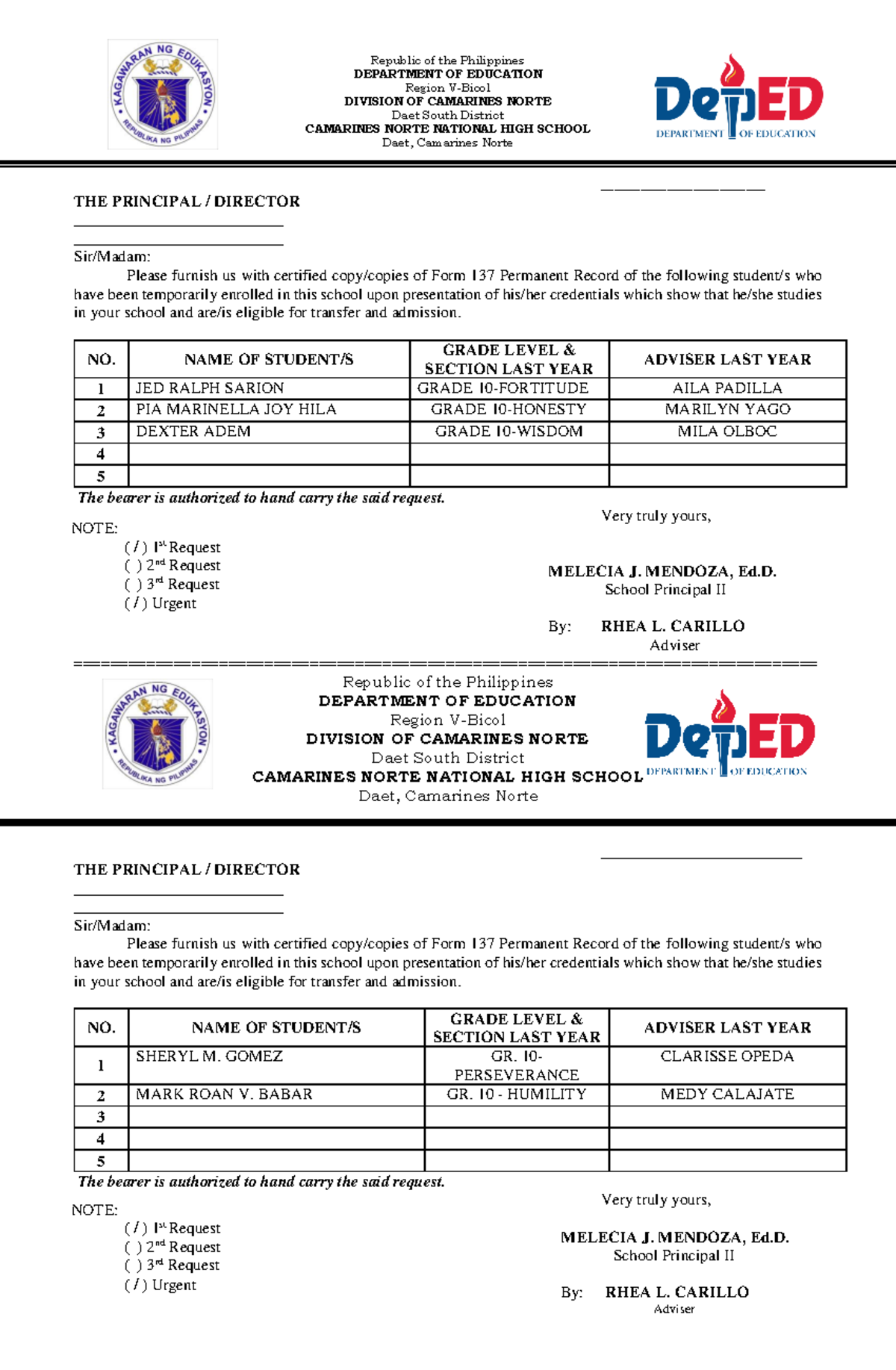 Form-137-request compress - Republic of the Philippines DEPARTMENT OF ...