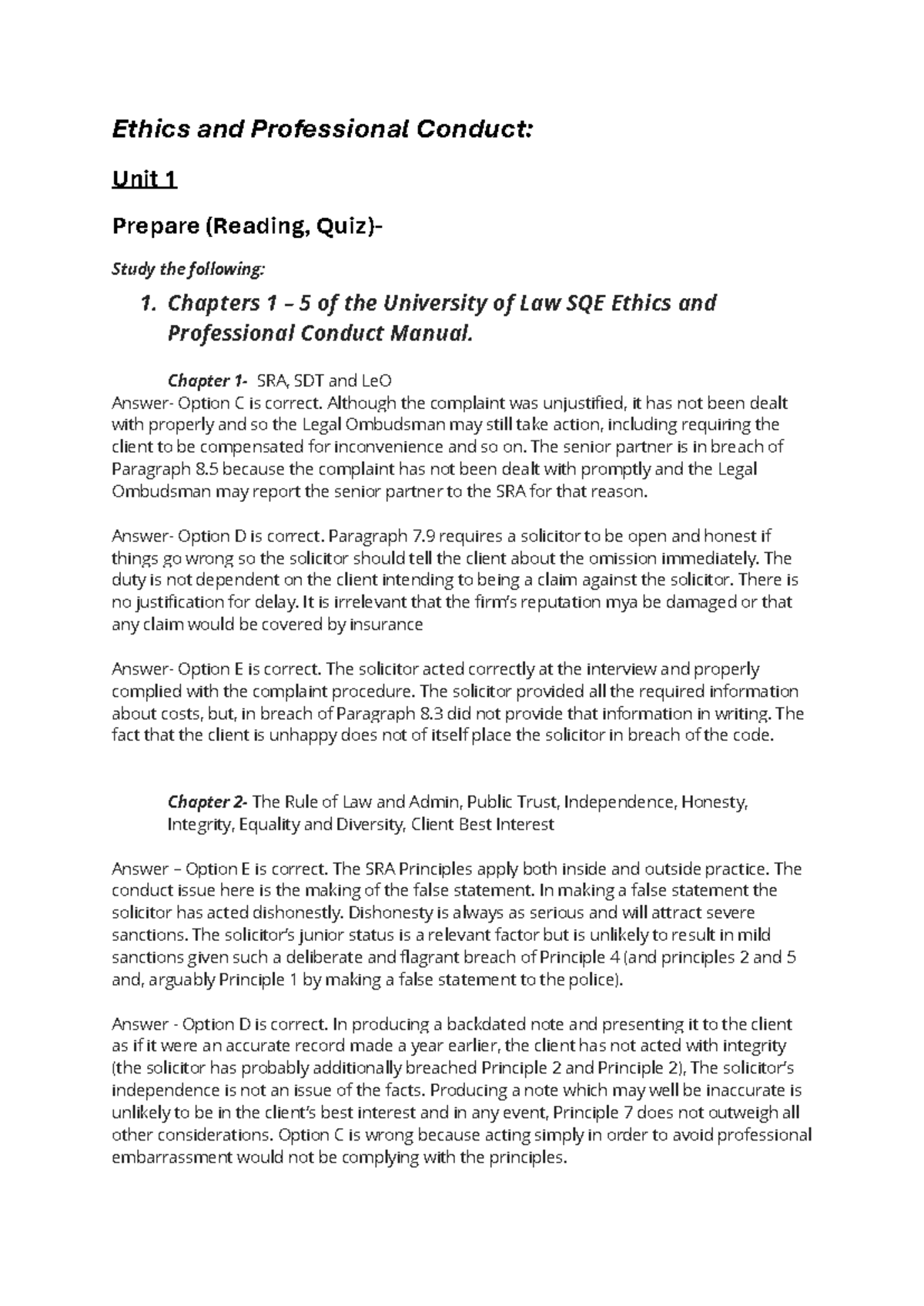 Unit 1 - Eth and Prof Conduct - Ethics and Professional Conduct: Unit 1 ...