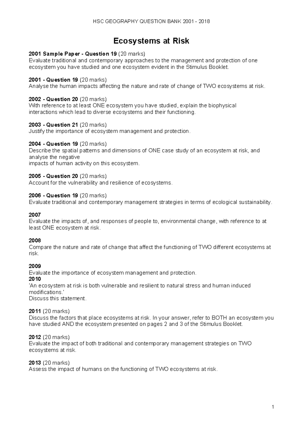 HSC Geography Questions Bank 2001 - 2019 - Ecosystems at Risk 2001 ...