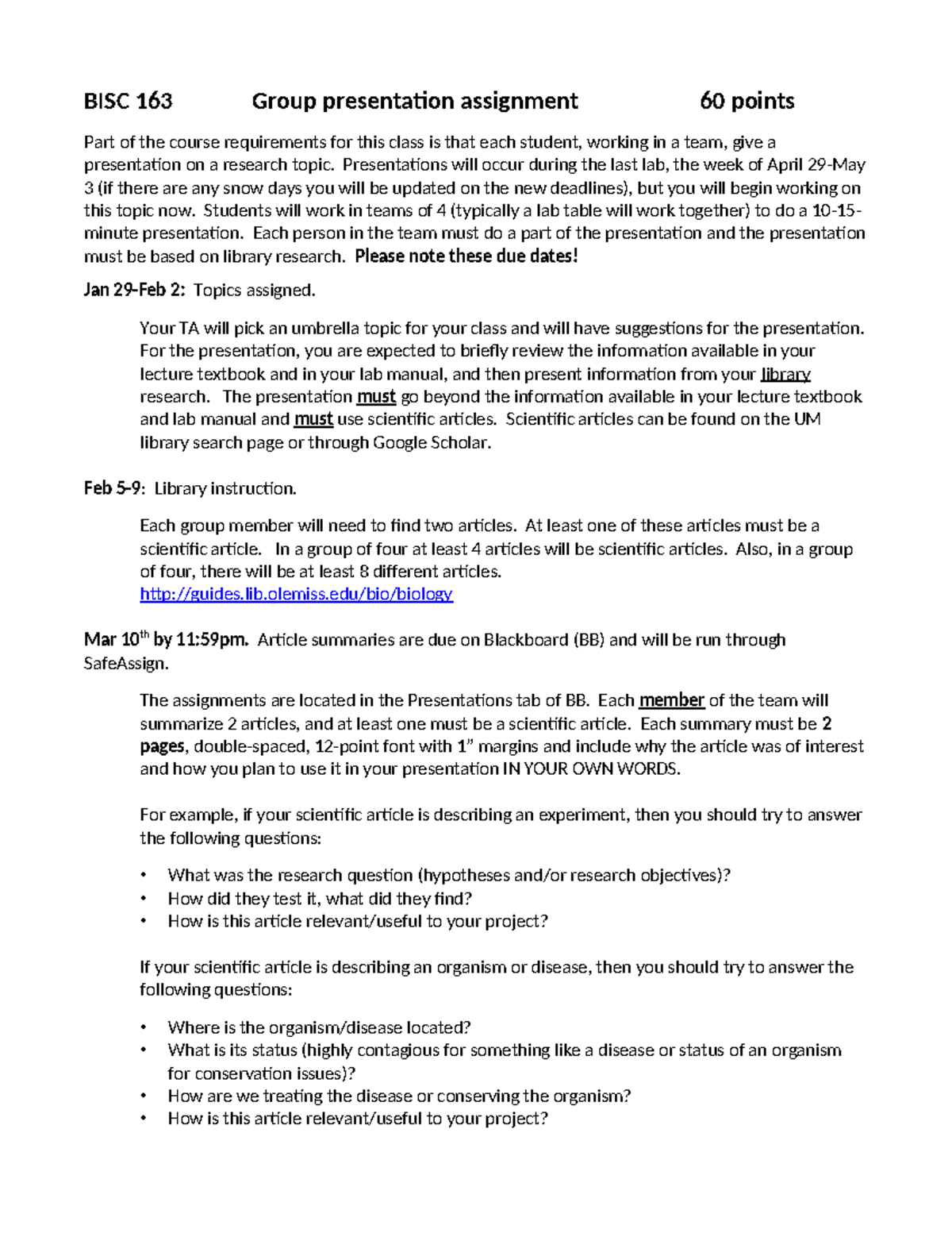 Group presentation rubric 2024 - BISC 163 Group presentation assignment ...